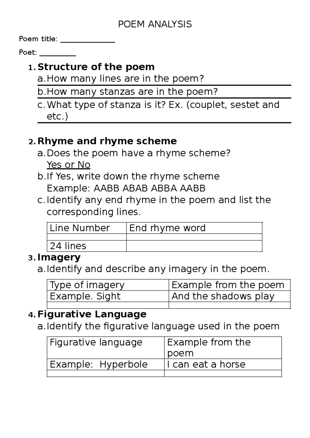 Grade 7 POEM Analysis Guide: Structure, Rhyme, Imagery & Language - Studocu