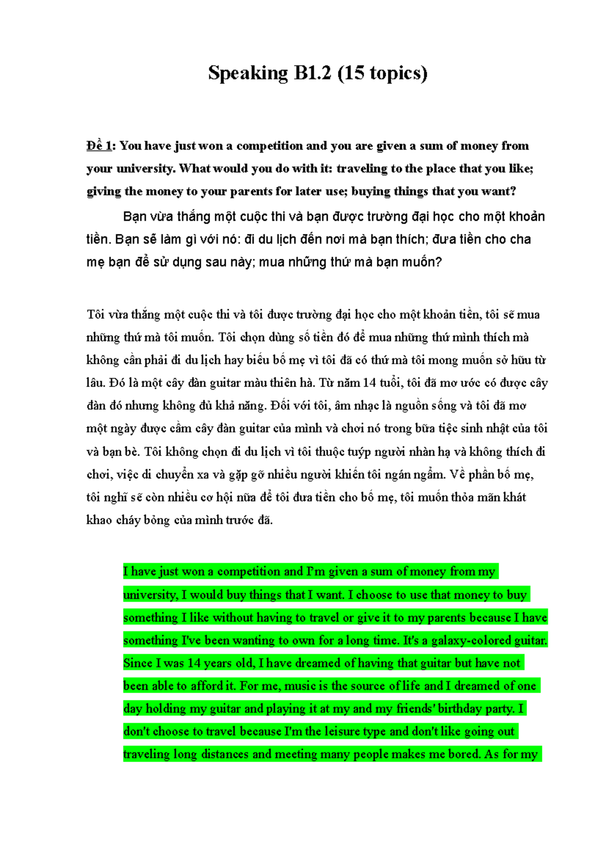 Speaking B1.2 - 15 Engaging Topics for Conversation Practice - Studocu