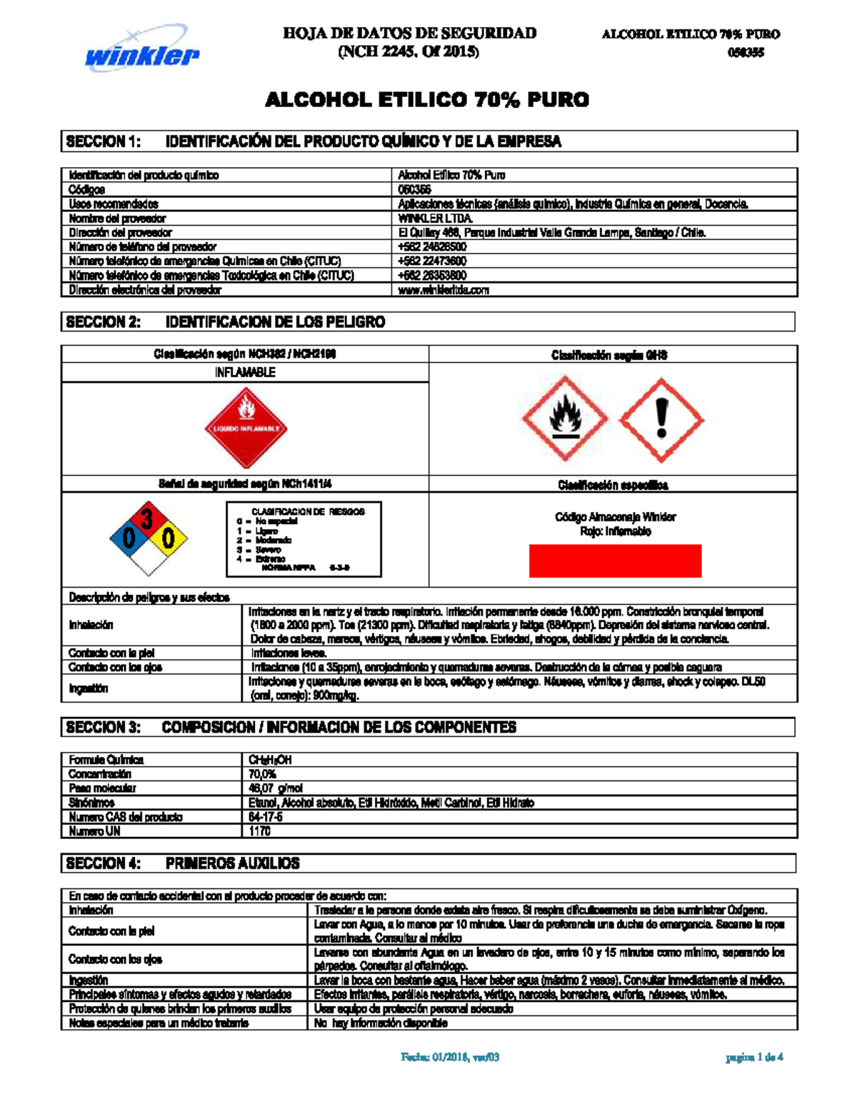 Hoja de Datos de Seguridad: Alcohol Etílico Puro (NCH 2245, 2015) - Studocu