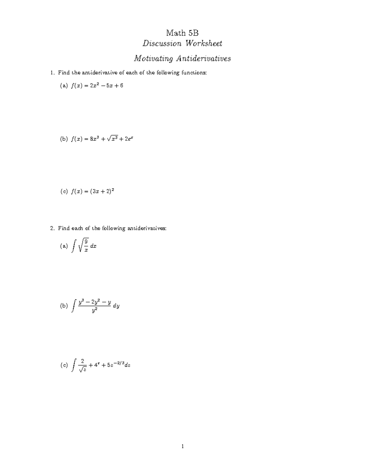 Math 5B Discussion Worksheet: Antiderivatives Practice - Studocu