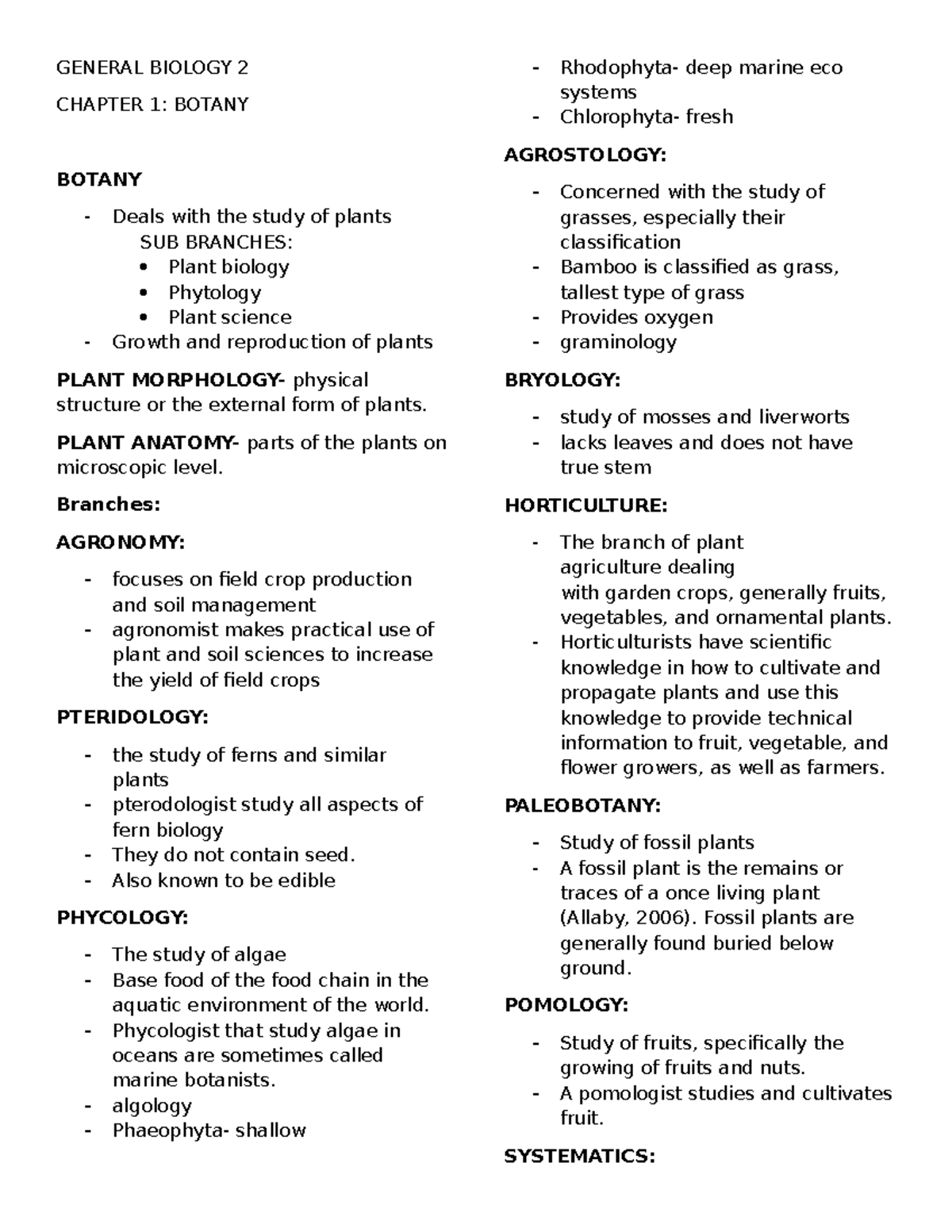 GENERAL BIOLOGY 2 CHAPTER 1: BOTANY AND PLANT STUDIES - Studocu