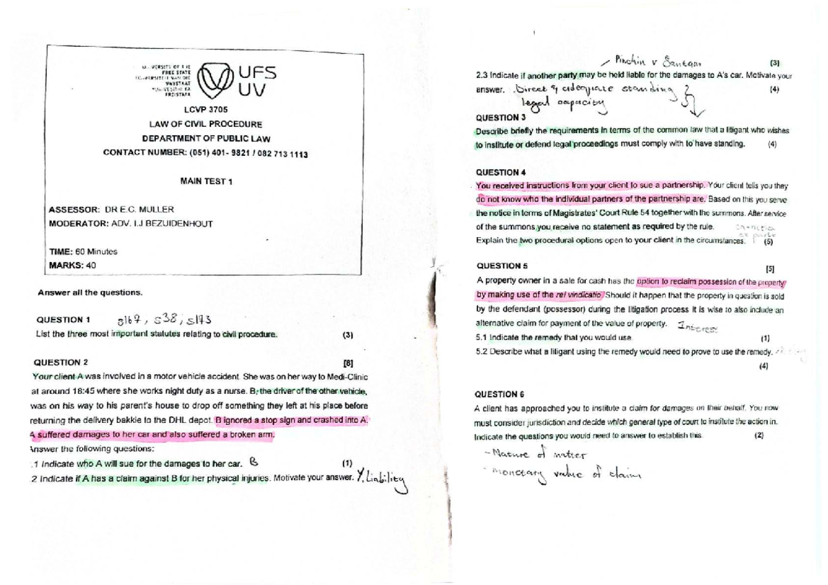 LCVP 3705 Test 1: Civil Procedure Past Paper Analysis - Studocu