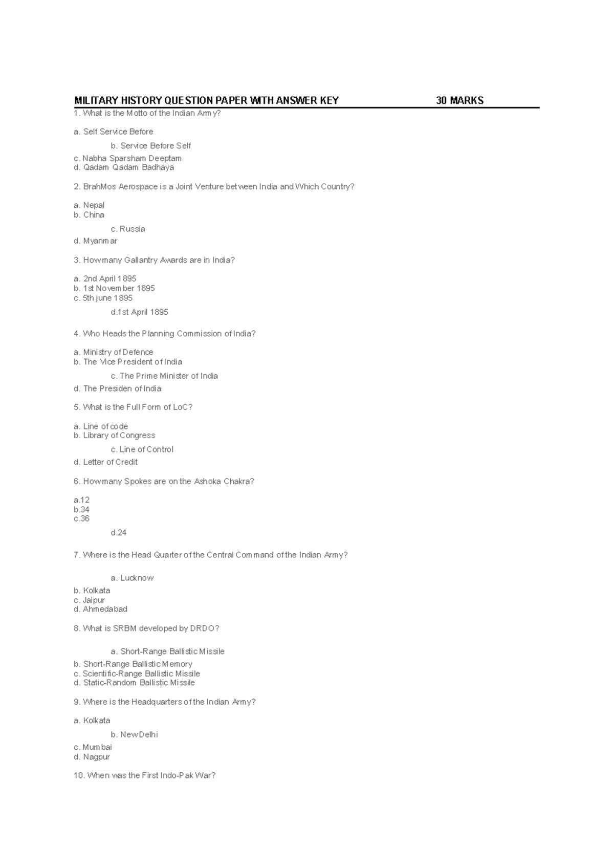 NCC Q Paper with Answer Key - Military History Exam - Studocu