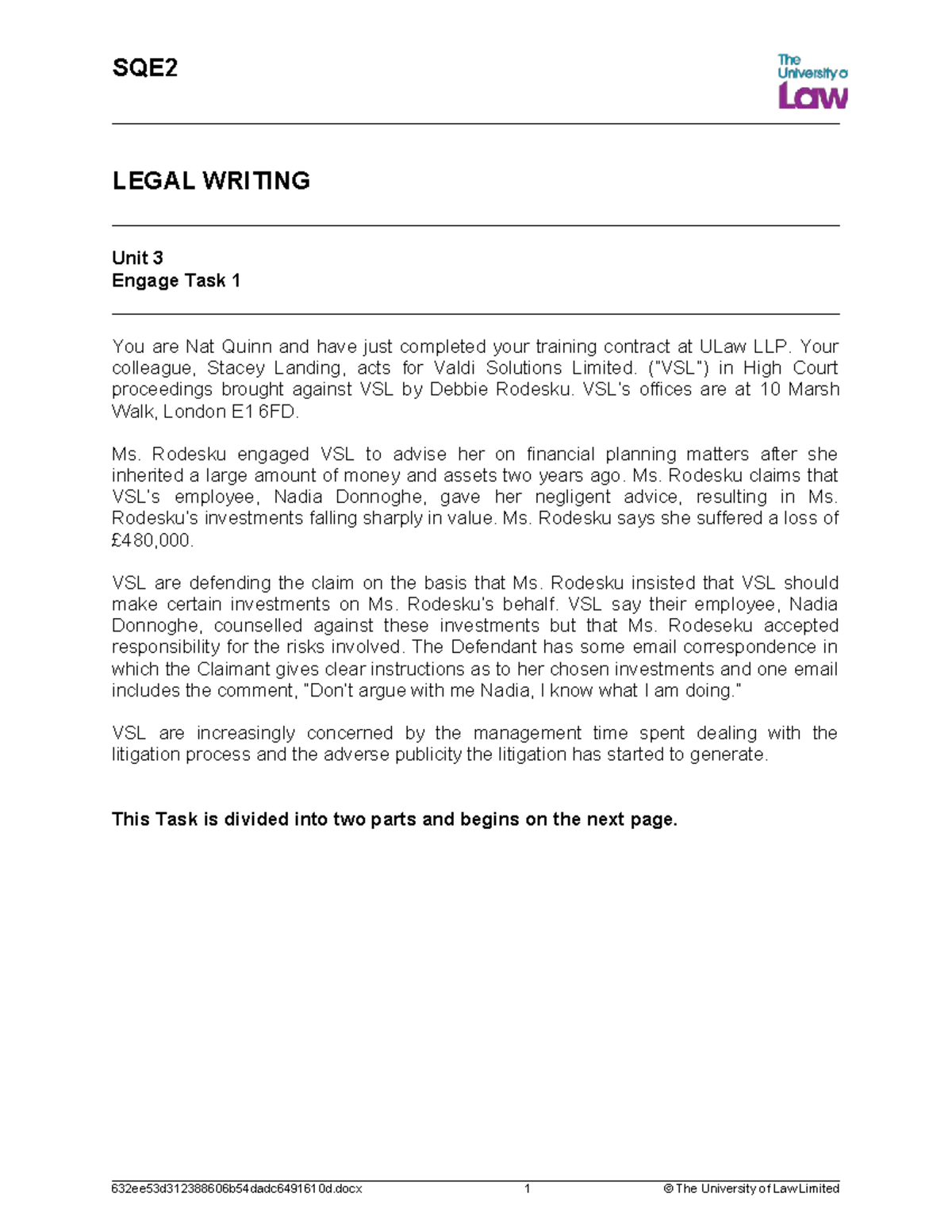 SQE2 Legal Writing: Unit 3 Engage Task 1 - Drafting Client Advice ...