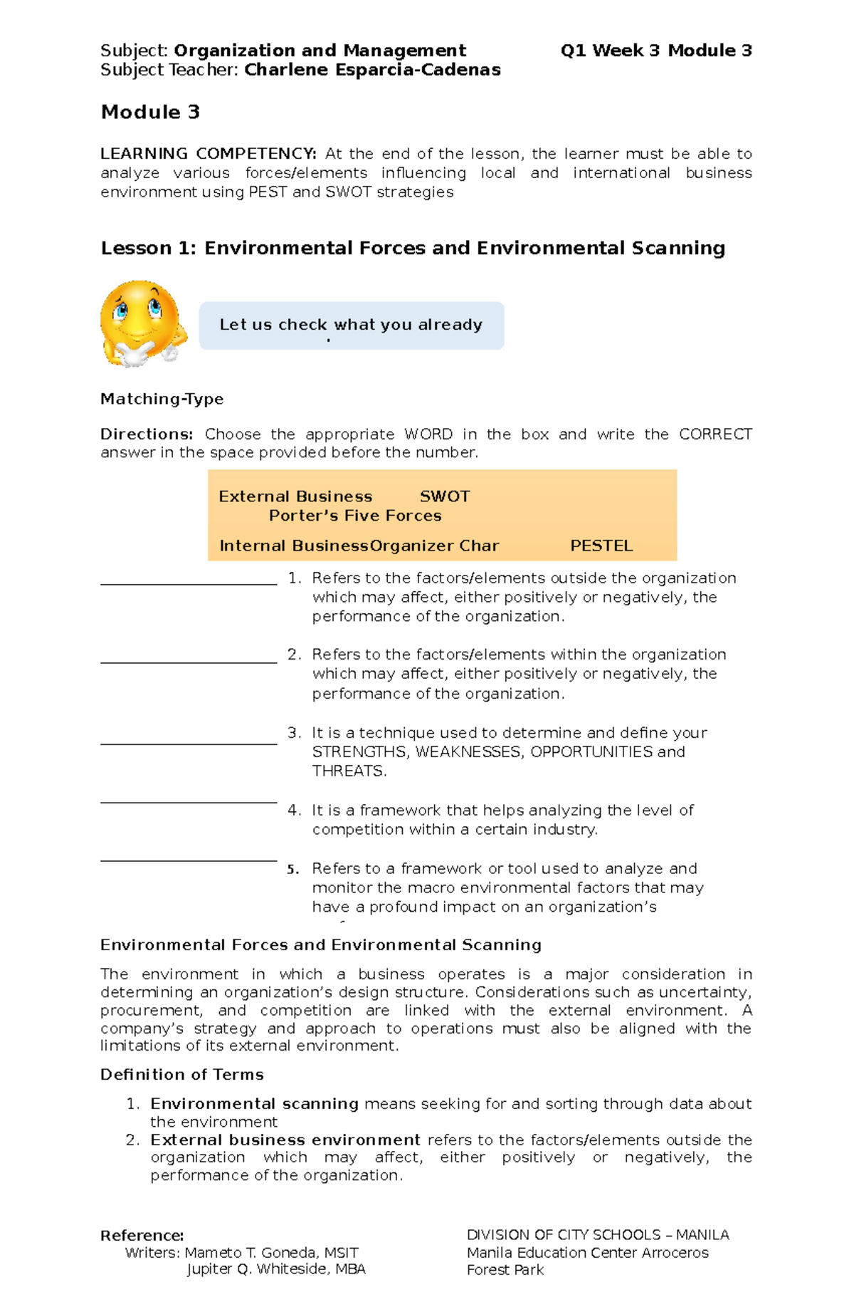 Q1 W3 Mod3 Analyzing The Firm & Its Business Environment - Studocu