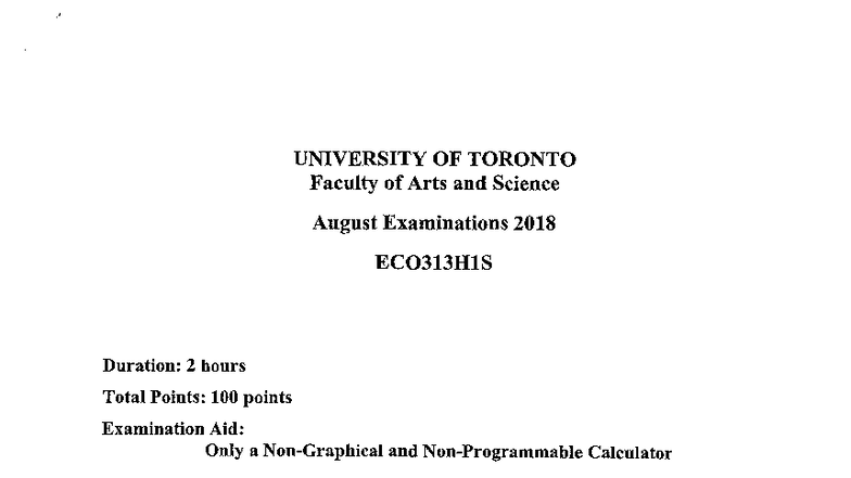 EC0313H1S - August 2018 Eco Exam: Environmental Economics Insights ...