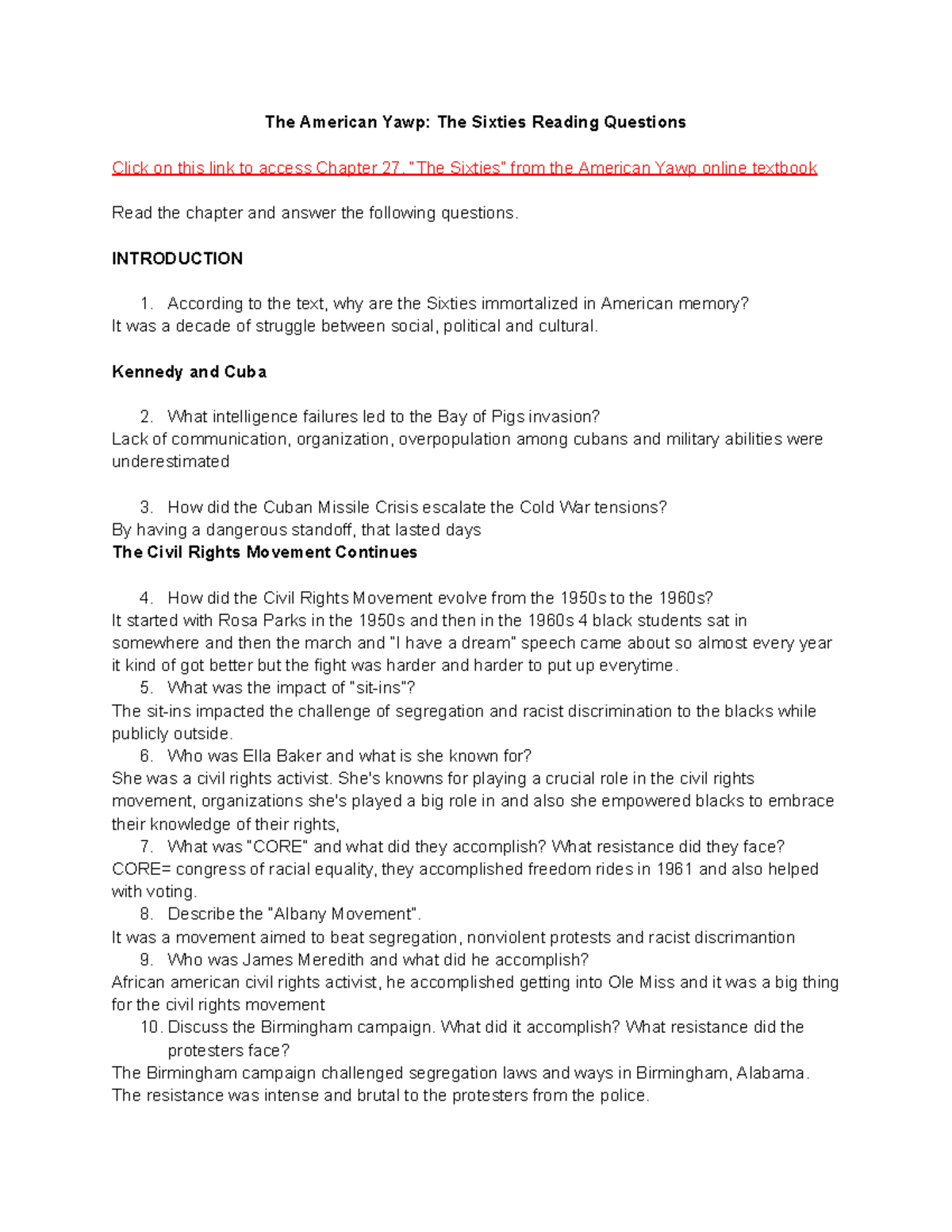 The American Yawp: Reading Questions for The Sixties (Chapter 27) - Studocu