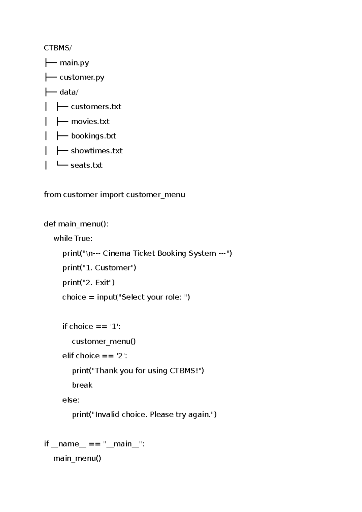 Python CTBMS: Cinema Ticket Booking System Code Overview - Studocu