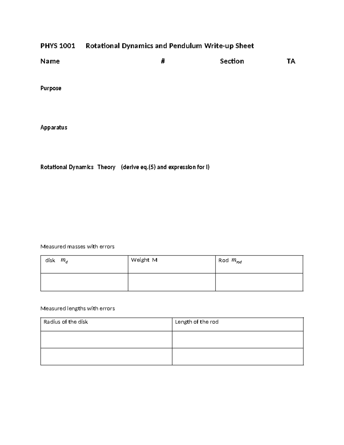 PHYS 1001 Final Exam Write-up on Rotational Dynamics and Pendulum - Studocu