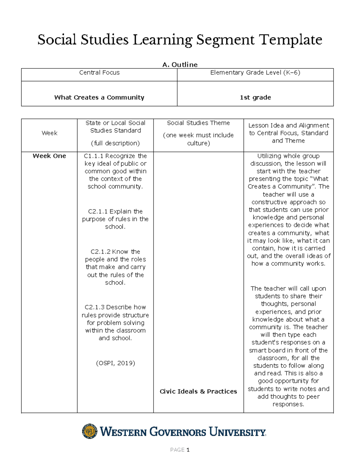 Social Studies Learning Segment Template for 1st Grade (K-6) - Studocu
