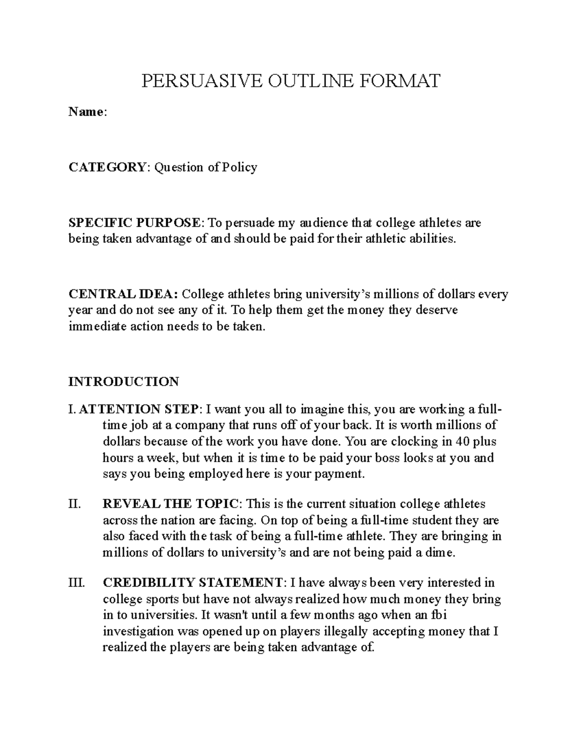 Persuasive Outline: Should College Athletes Be Paid? - Studocu