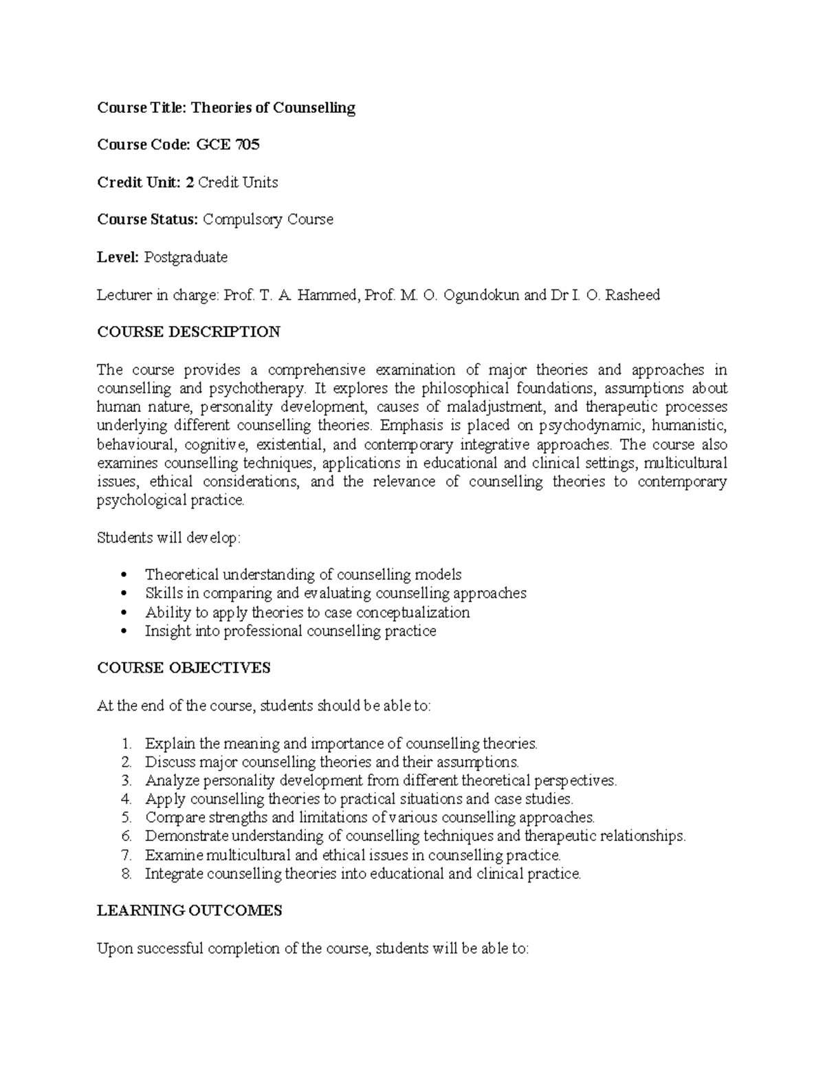 GCE 705: Comprehensive Course Outline on Counselling Theories - Studocu
