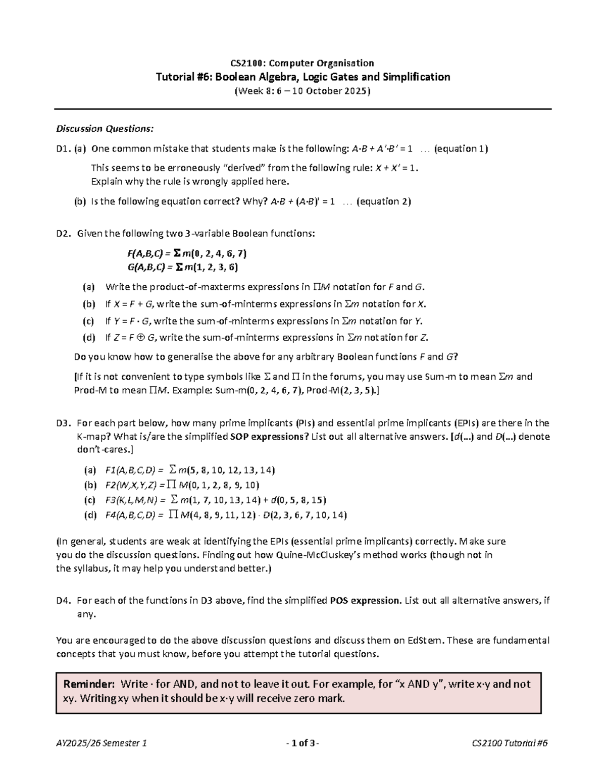 CS2100: Computer Organisation Tutorial 06 - Boolean Algebra & Logic ...