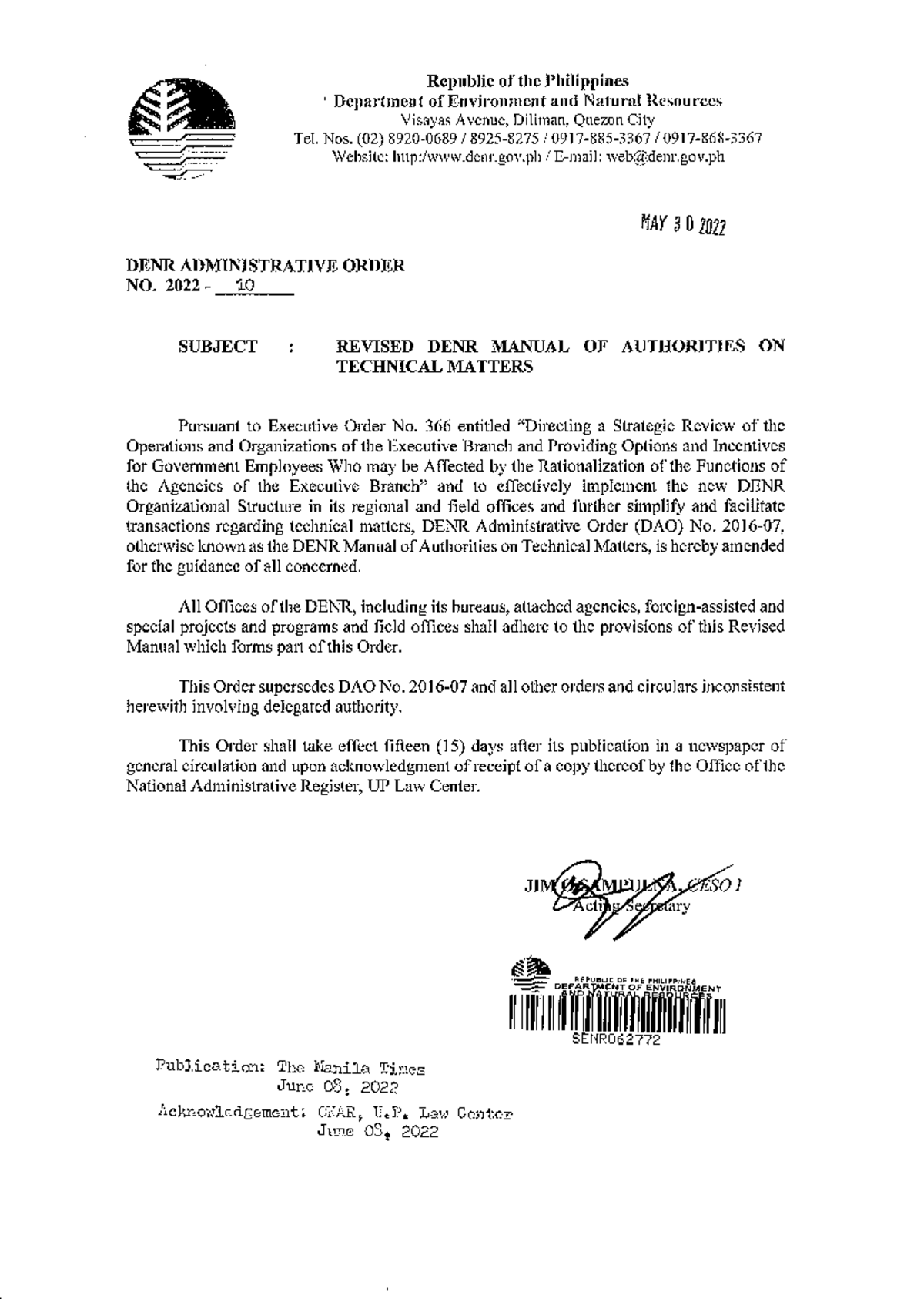 DENR Admin Order No. 2022-10: Revised Manual of Authorities on ...