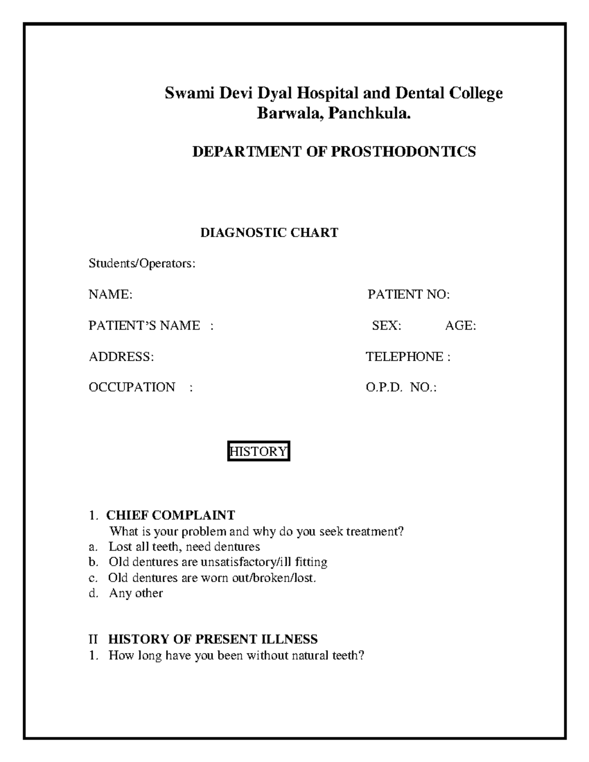 Prosthodontics Diagnostic Chart - Updated Case History CD - Studocu