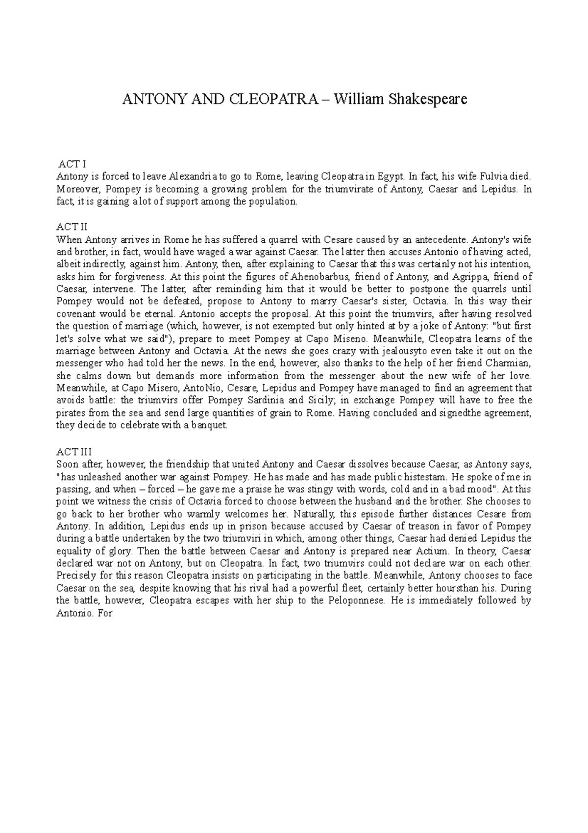 Antony AND Cleopatra – William Shakespeare- Riassunto atti e tematiche ...