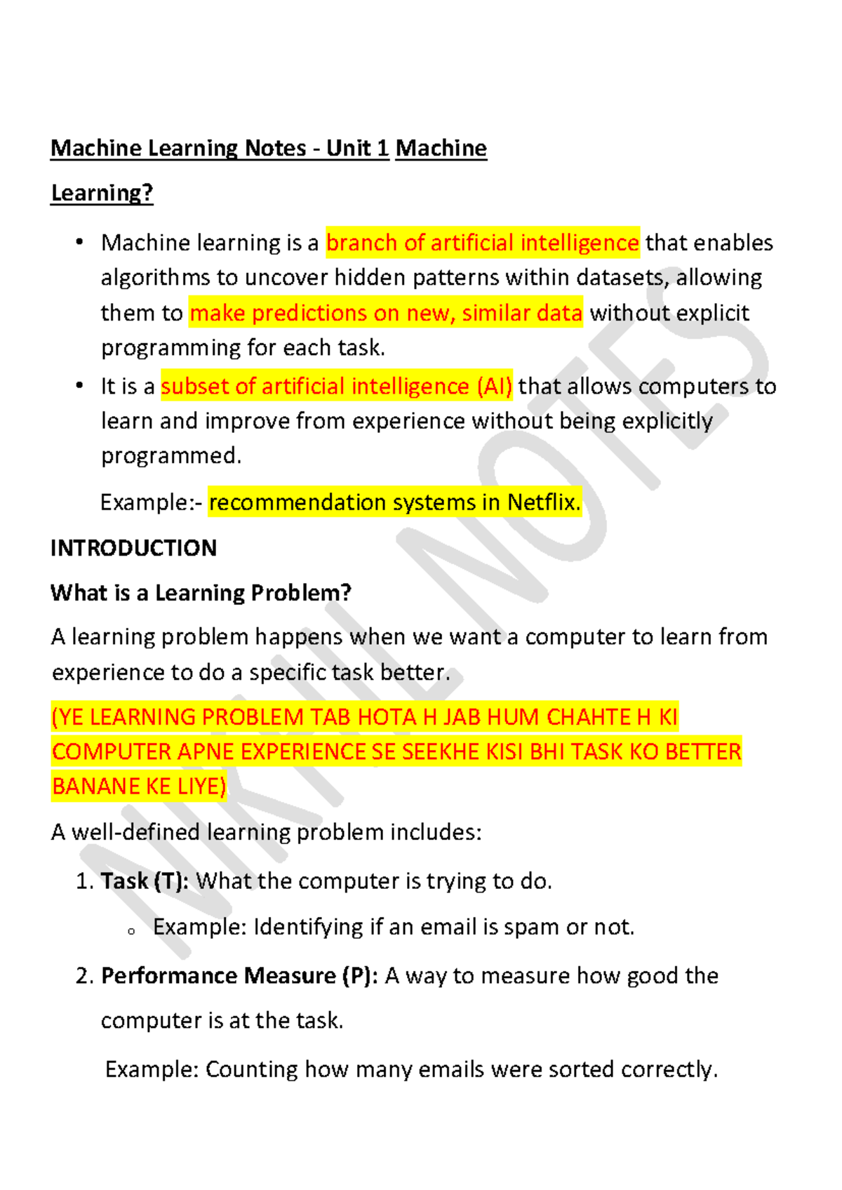 Machine Learning Notes (Unit 1): Understanding Key Concepts and ...