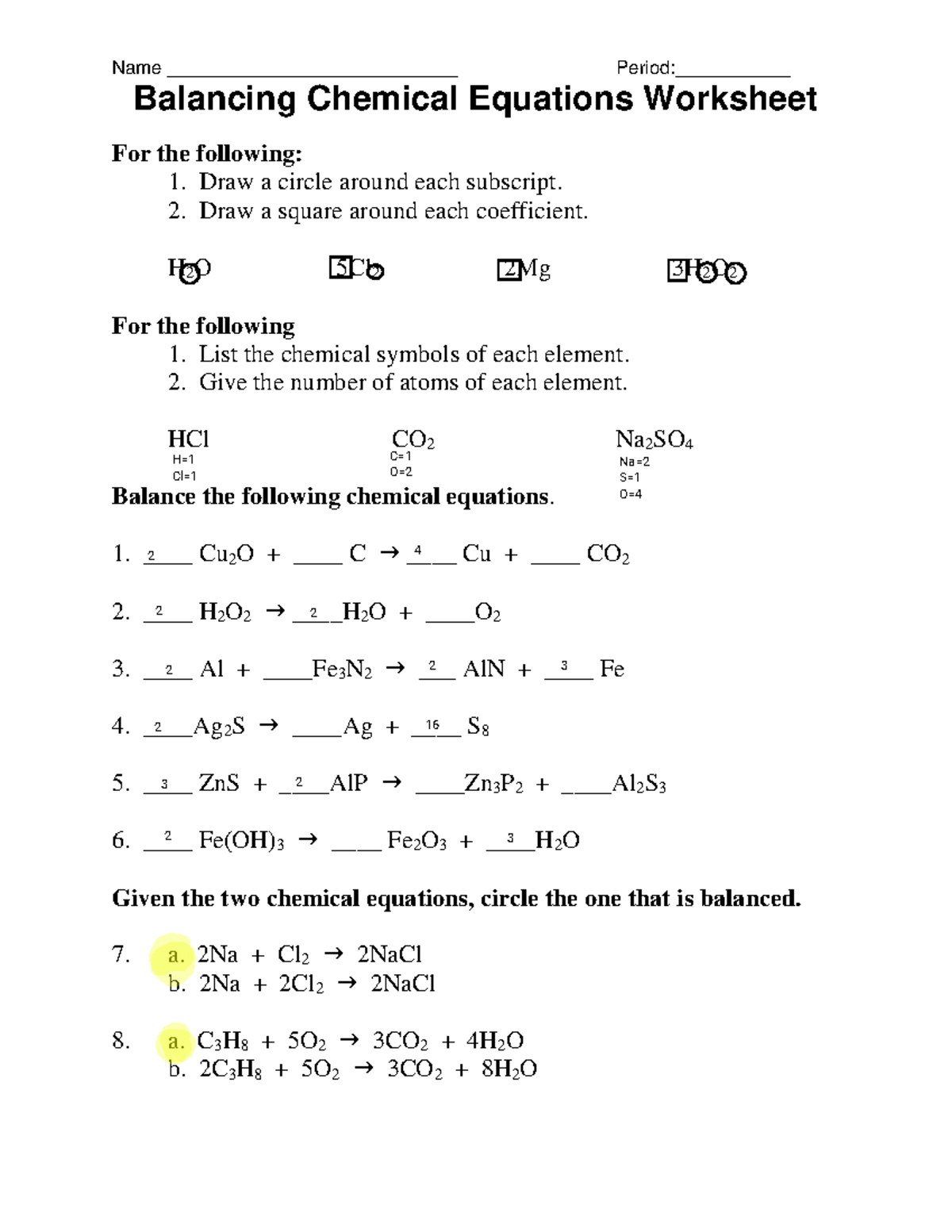 Balancing Chemical Equations Worksheet (CHEM 101) - Studocu