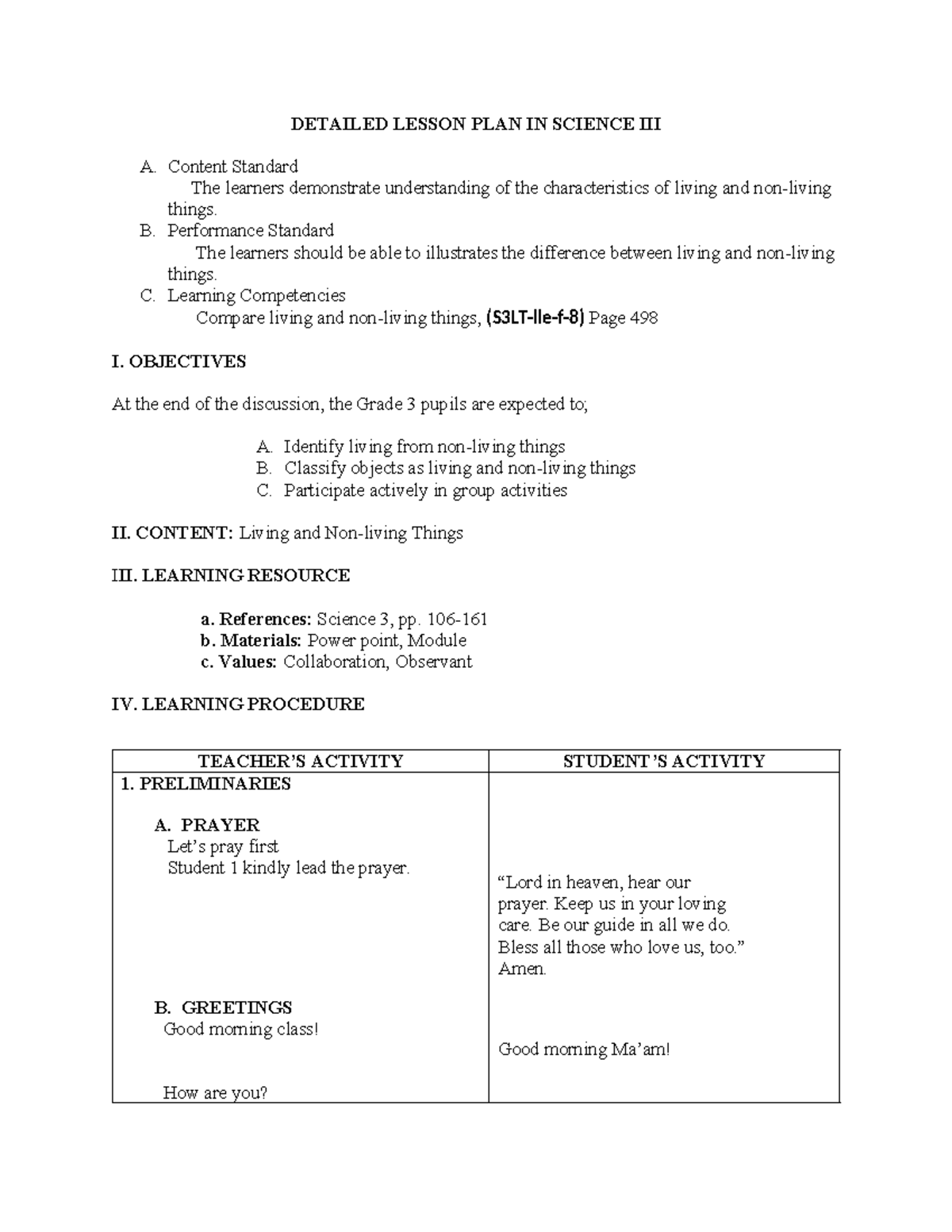 Grade 3 Science Lesson Plan: Living vs. Non-Living Things - Studocu