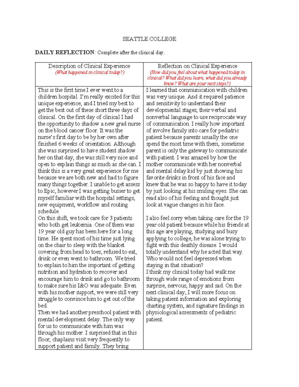 Pediatric Reflection for Clinical Experience - Winter 2024 - Studocu