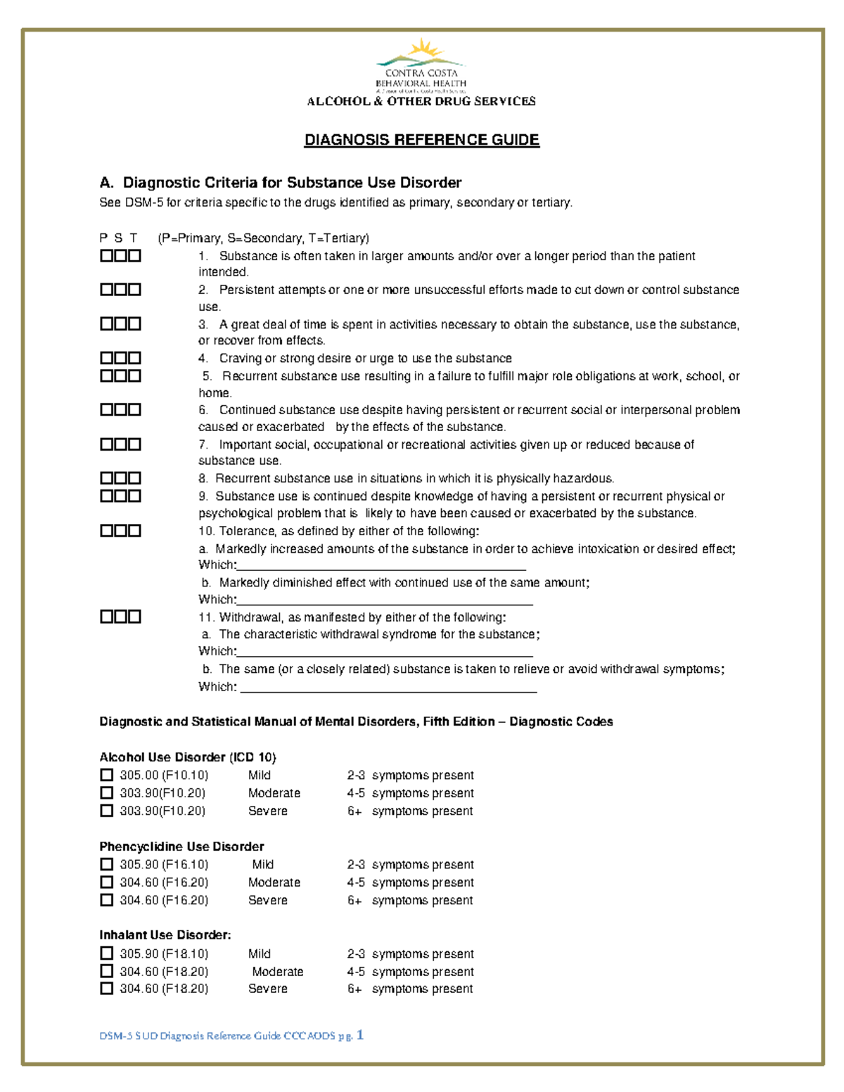 DSM-5 SUD Diagnosis Reference Guide CCCAODS: Criteria & Codes - Studocu