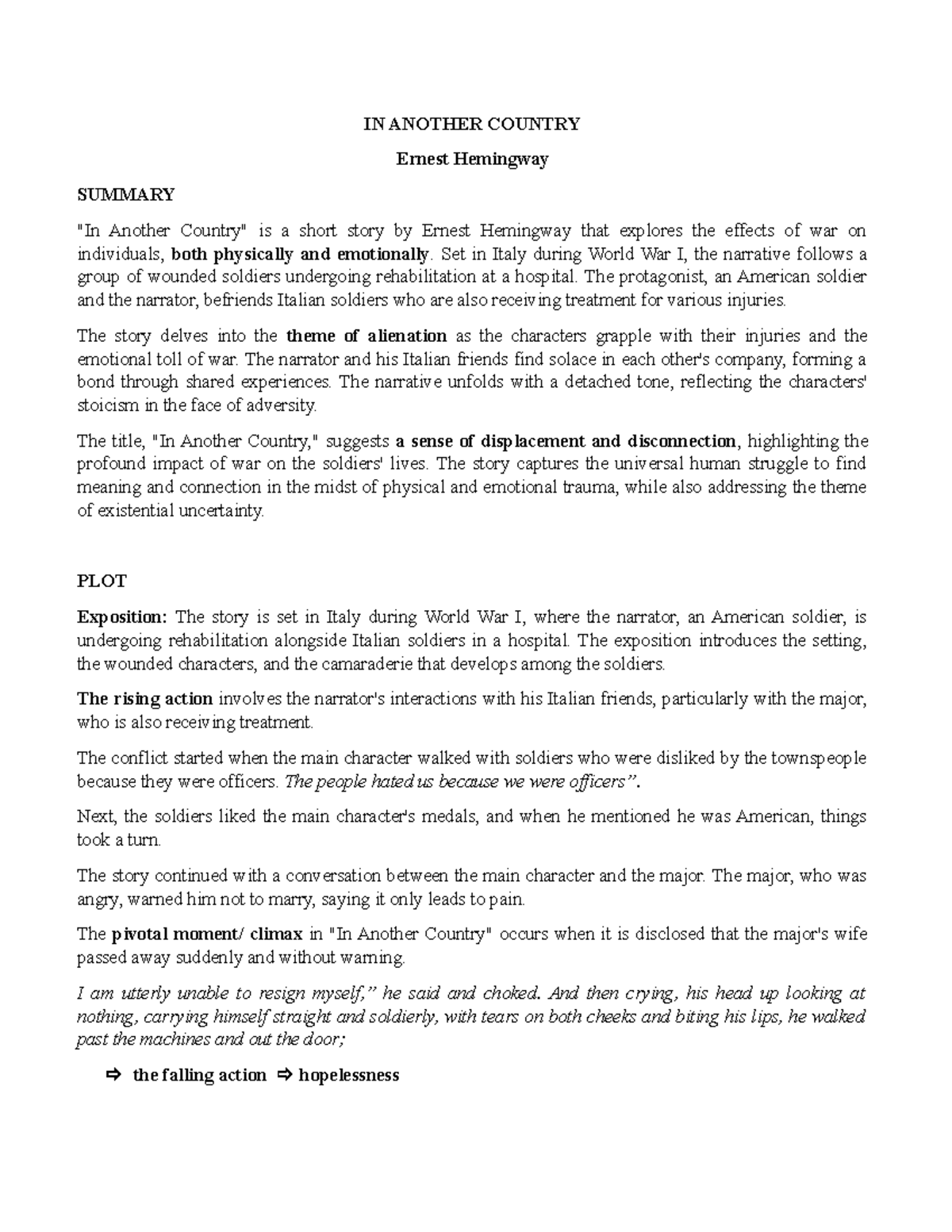 IN Another Country - IN ANOTHER COUNTRY Ernest Hemingway SUMMARY "In ...