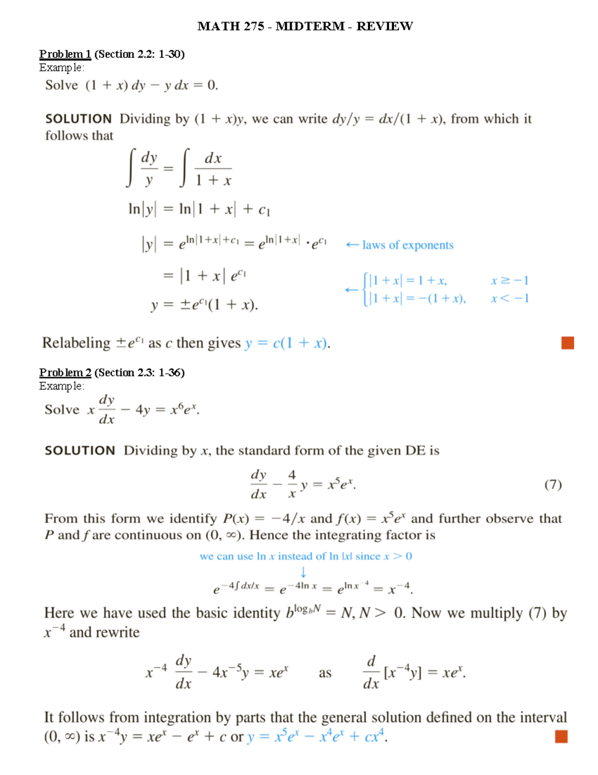 Math275-Midterm-Review - MATH 4010 - MATH 275 - MIDTERM - REVIEW ...