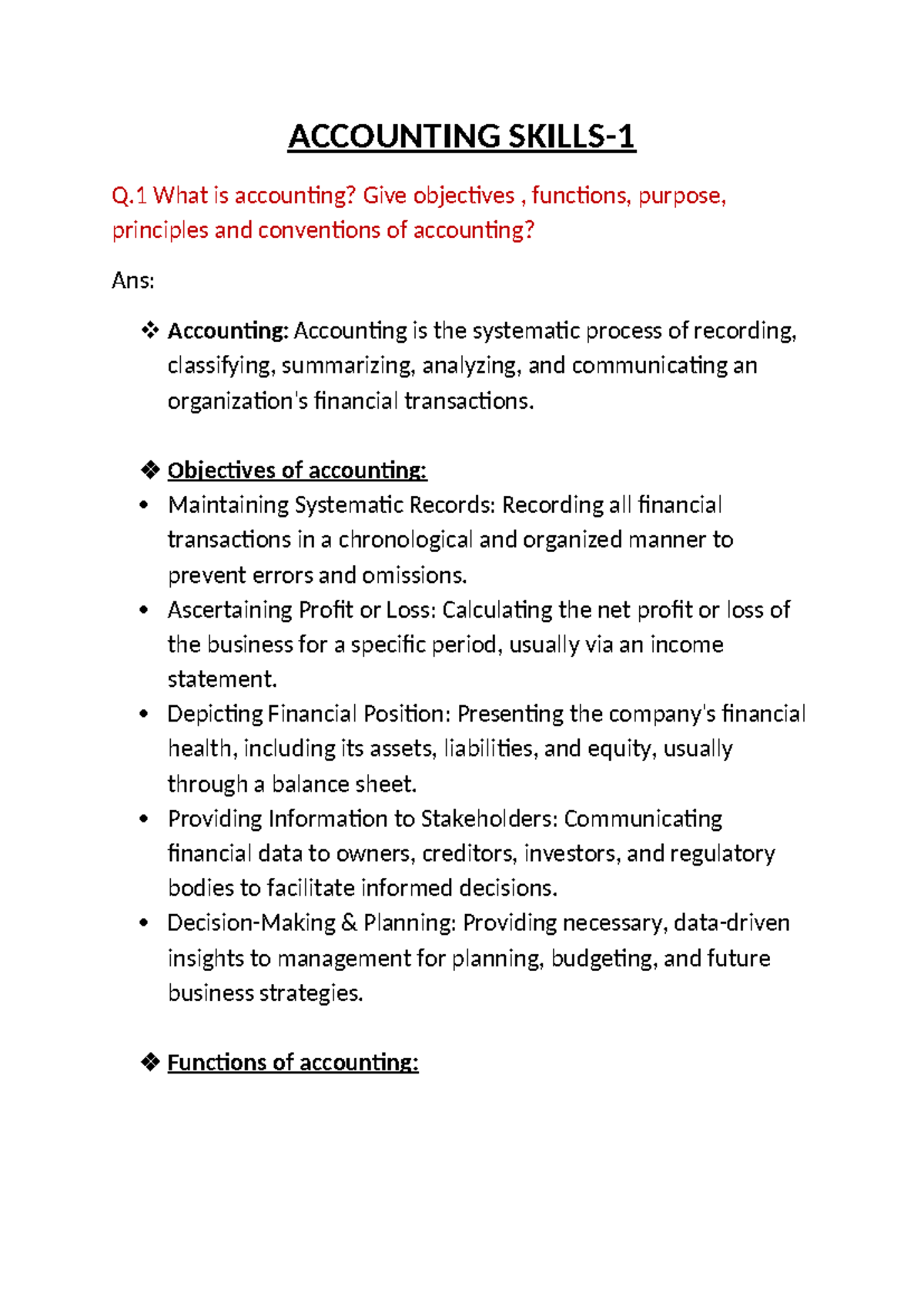 Accounting Skills-1: Objectives, Functions, and Principles of ...