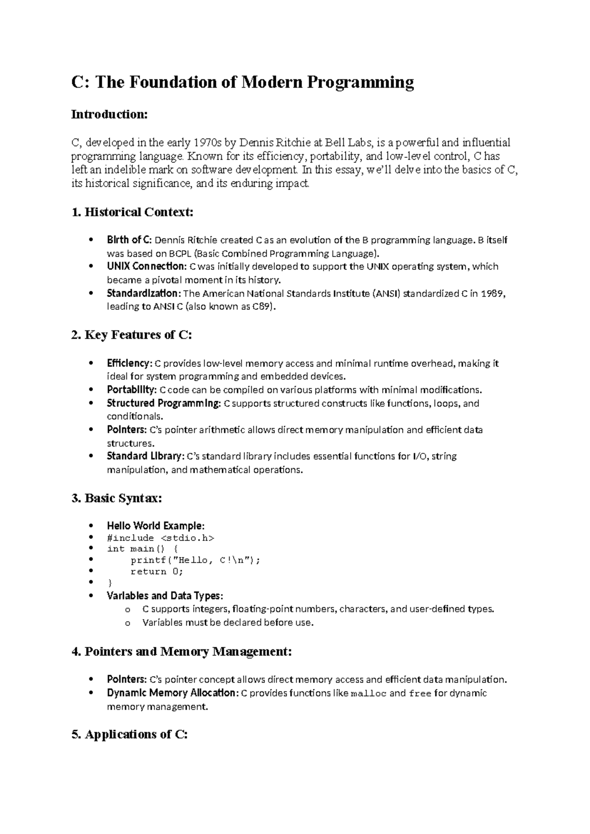 Introduction to c - CS fundamentals - C: The Foundation of Modern ...