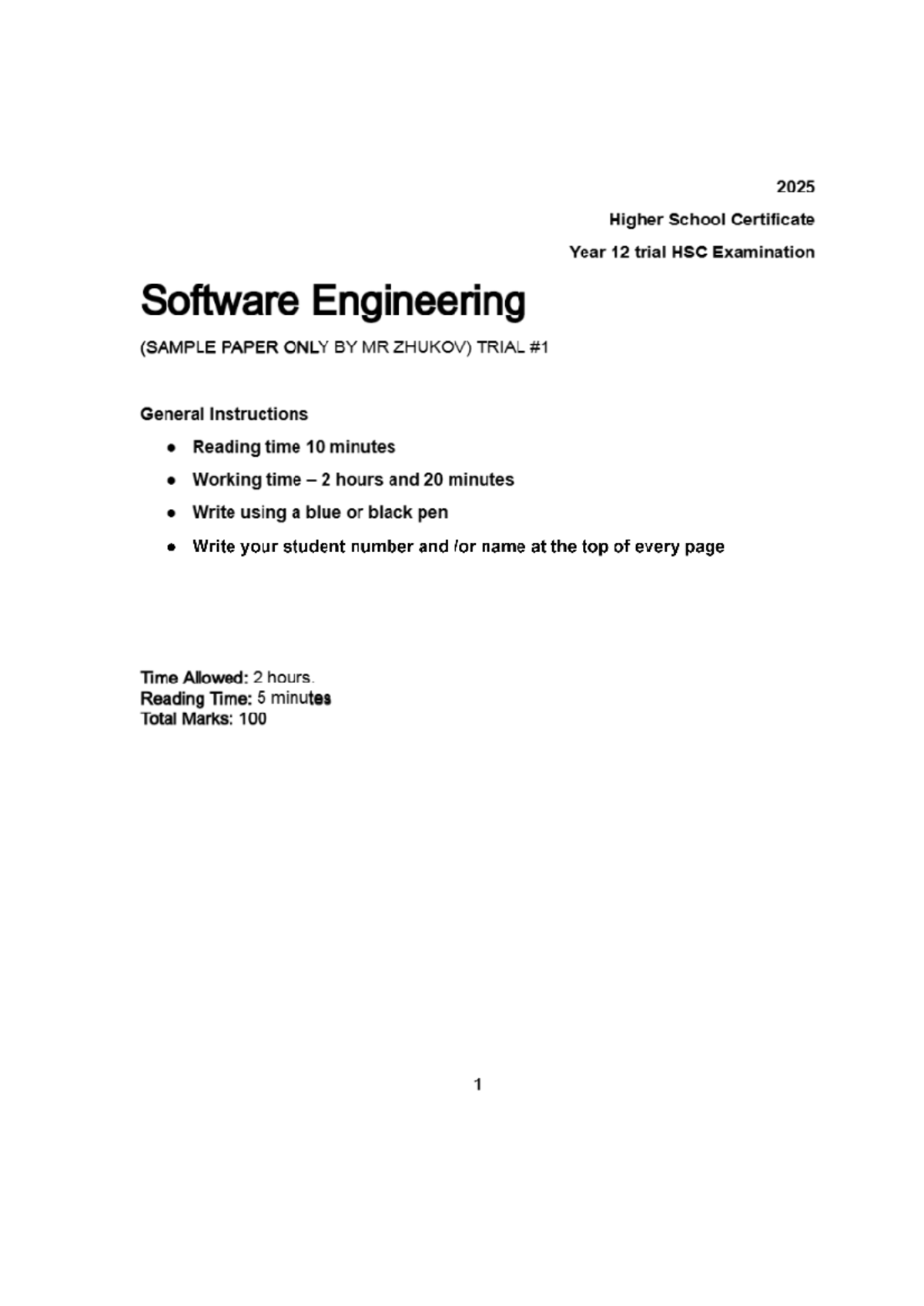 2025 HSC Year 12 Trial Exam: Software Engineering Sample Paper - Studocu