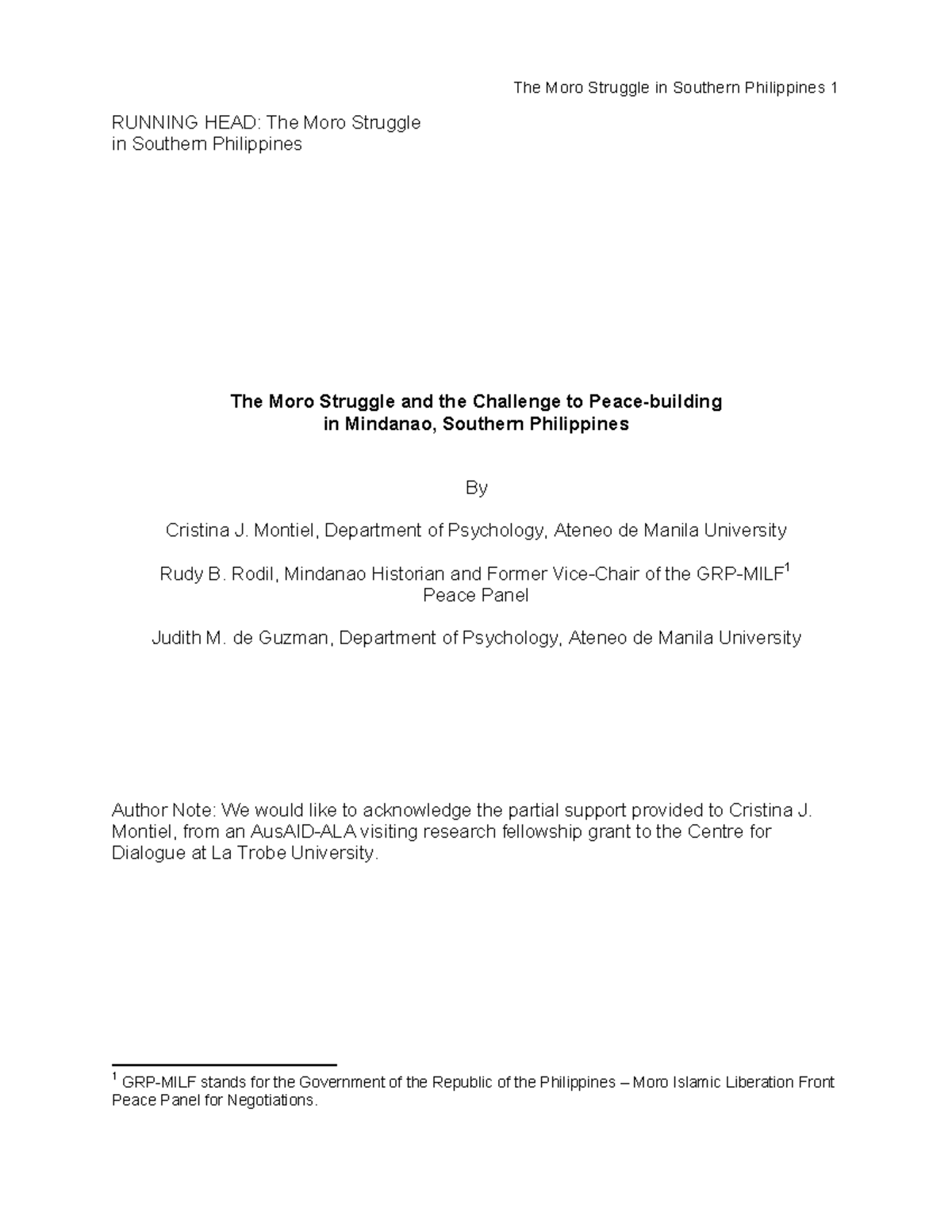 The Moro Struggle: Challenges in Mindanao Peace-Building Efforts - Studocu