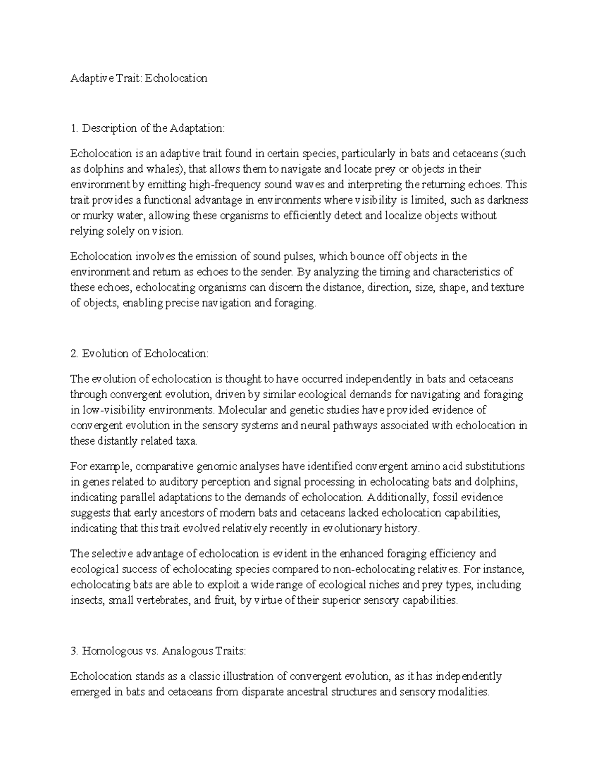 Adaptive Trait: Echolocation in Bats and Cetaceans - Unit 7 1910067 ...