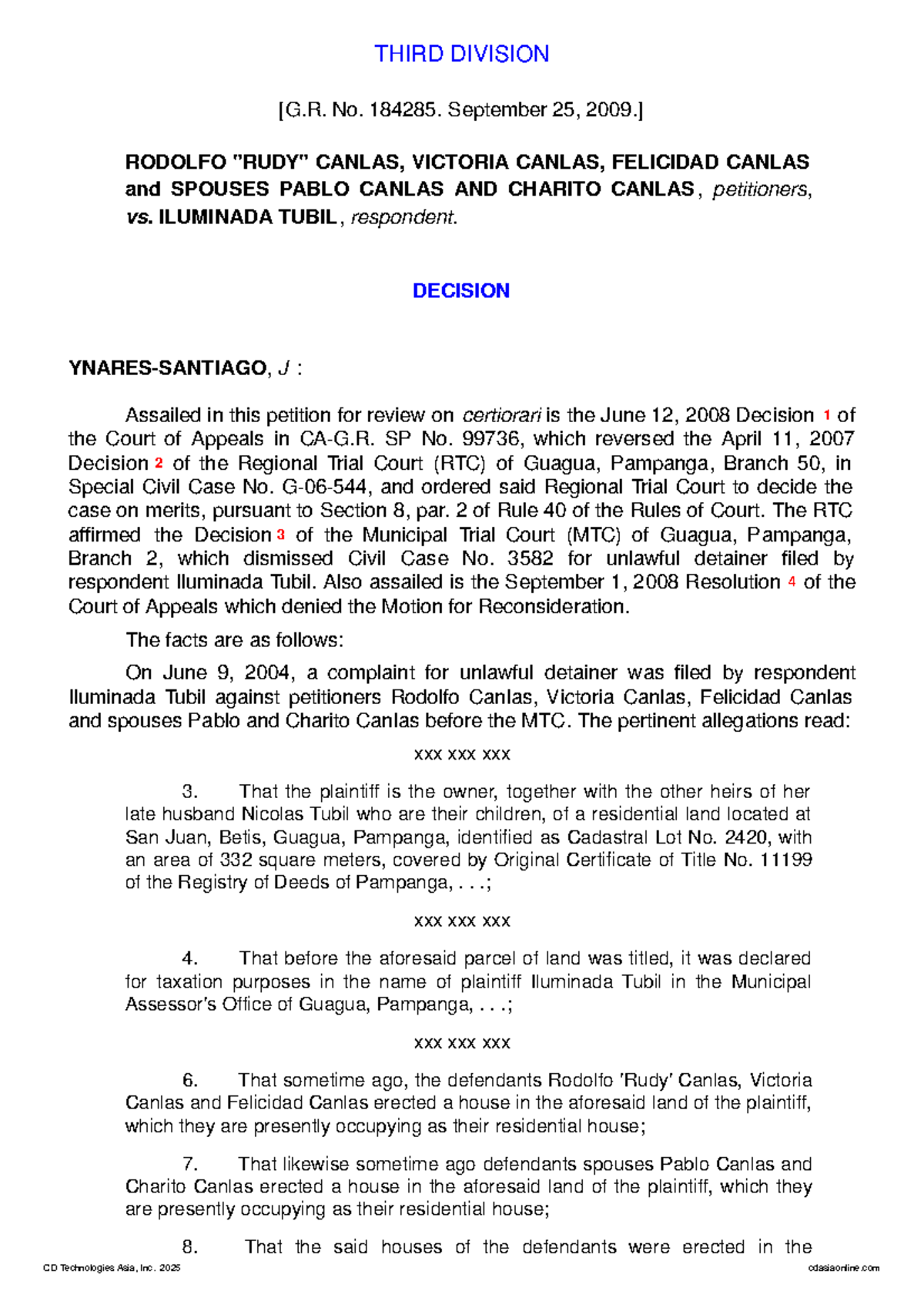 Canlas v. Tubil: Review of Unlawful Detainer Case No. 184285 - Studocu