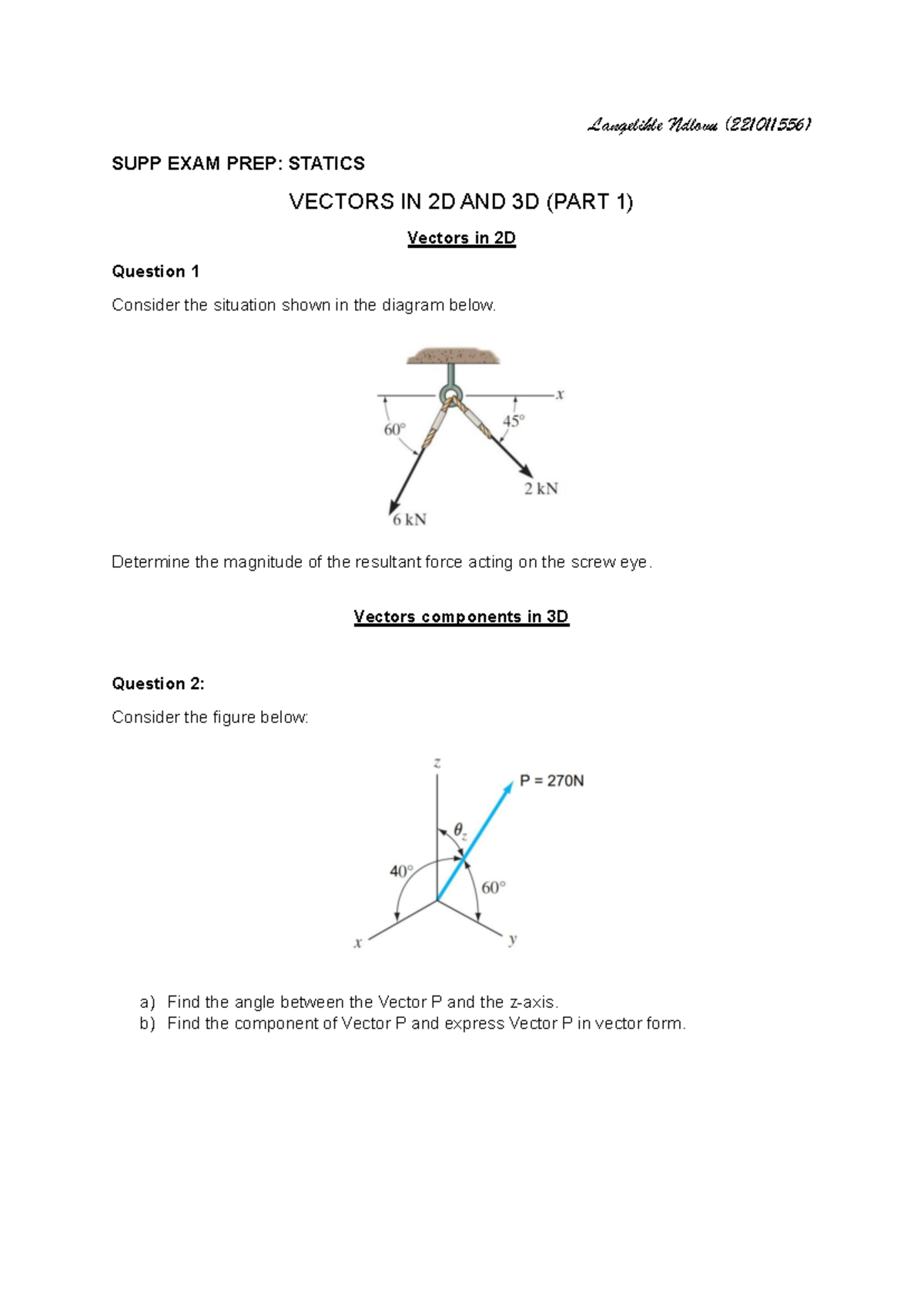 SUPP EXAM PREP: STATICS - VECTORS IN 2D & 3D (PART 1) - Studocu