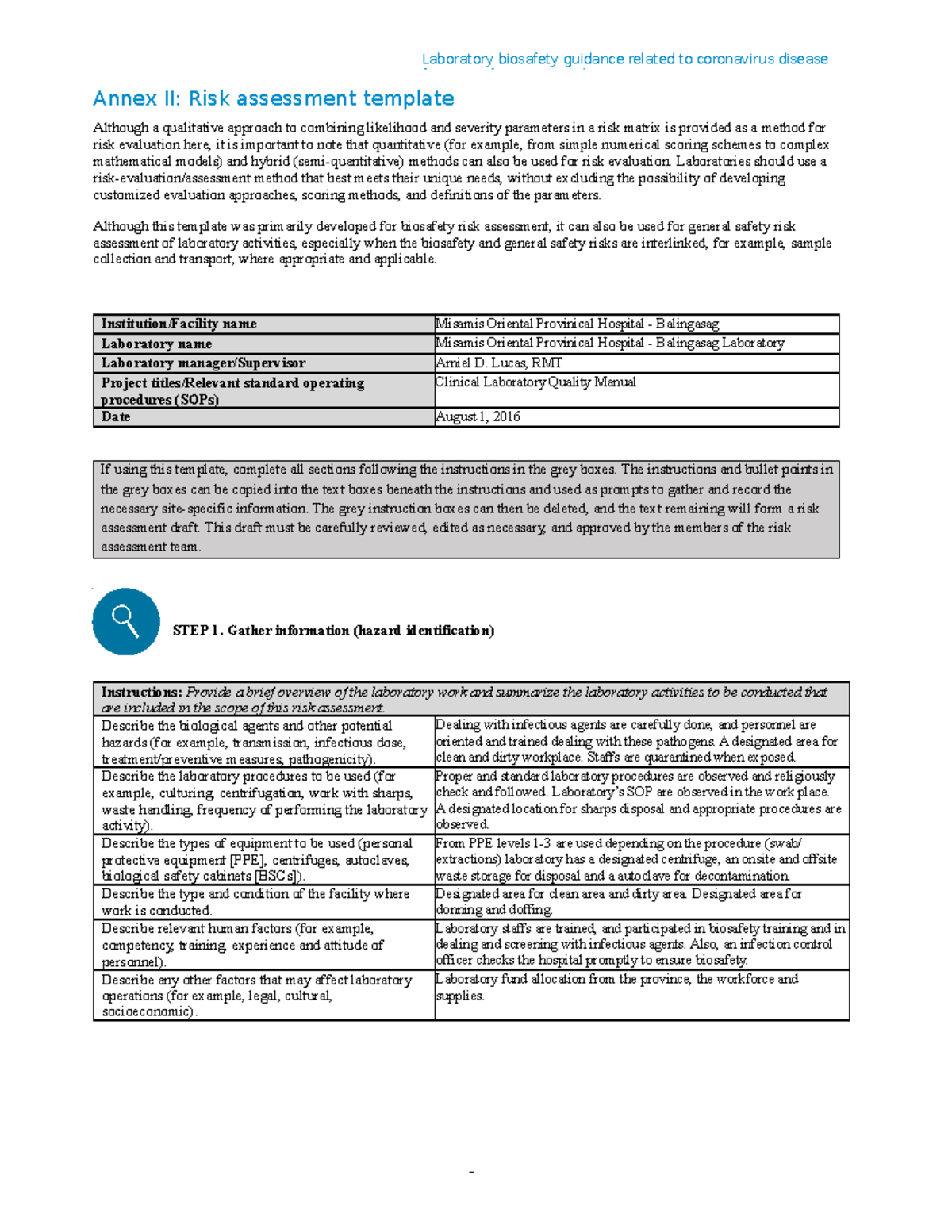 Biosafety & Biosecurity Risk Assessment Template (2020) - WHO ...