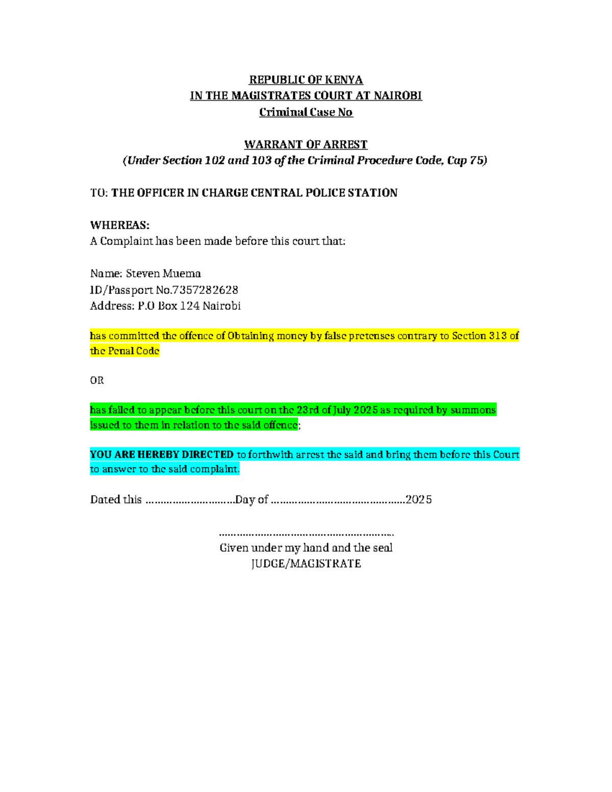 Warrant of Arrest - Criminal Case No. 7357282628, Nairobi - Studocu