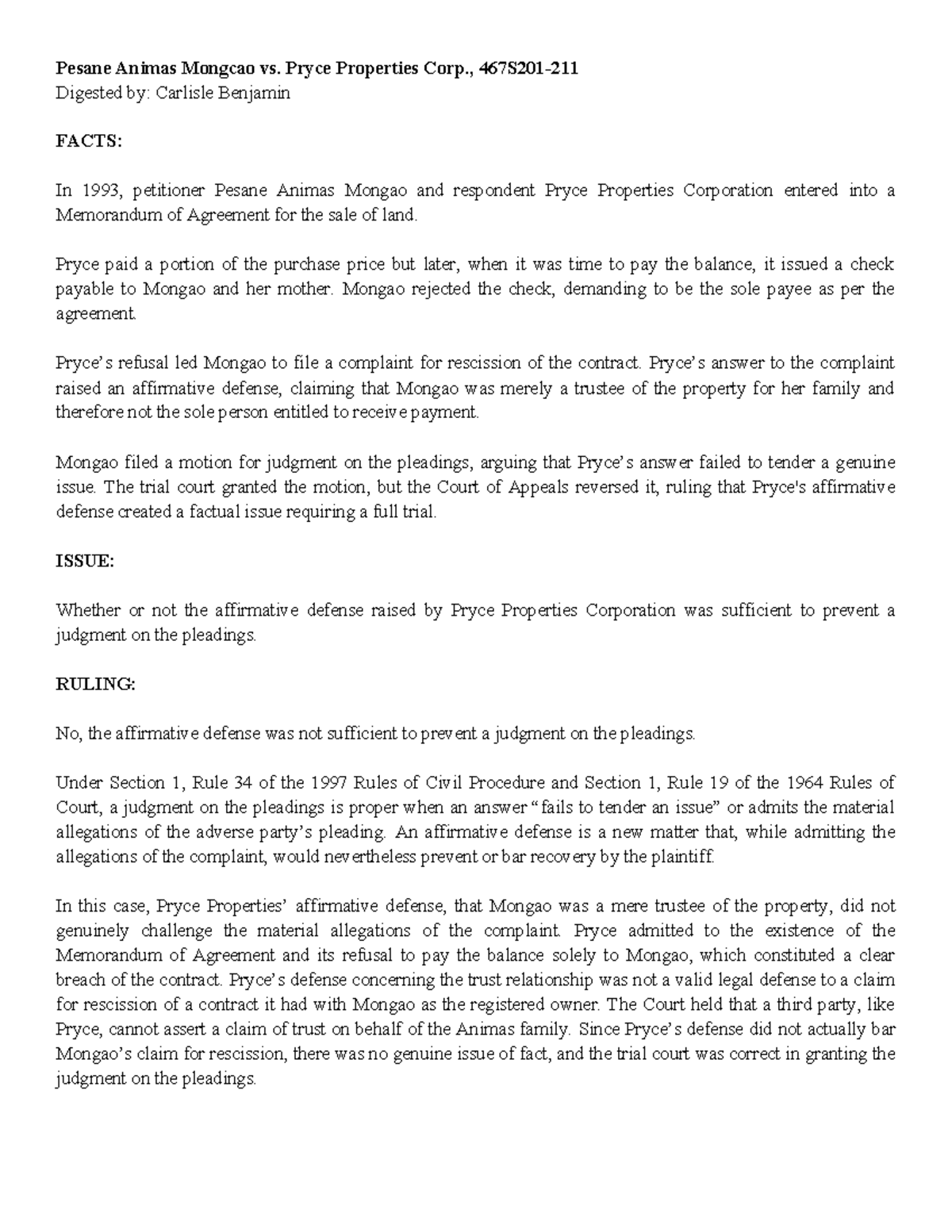 Pesane Animas Mongcao vs. Pryce Properties Corp. Case Digest - Studocu