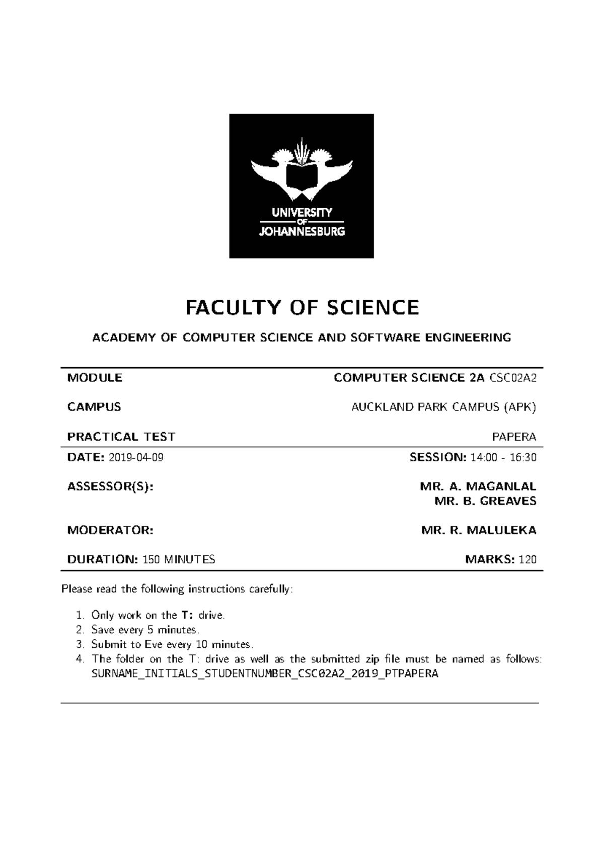 CSC02A2 2019 Practical Test Paper - Computer Science 2A - Studocu