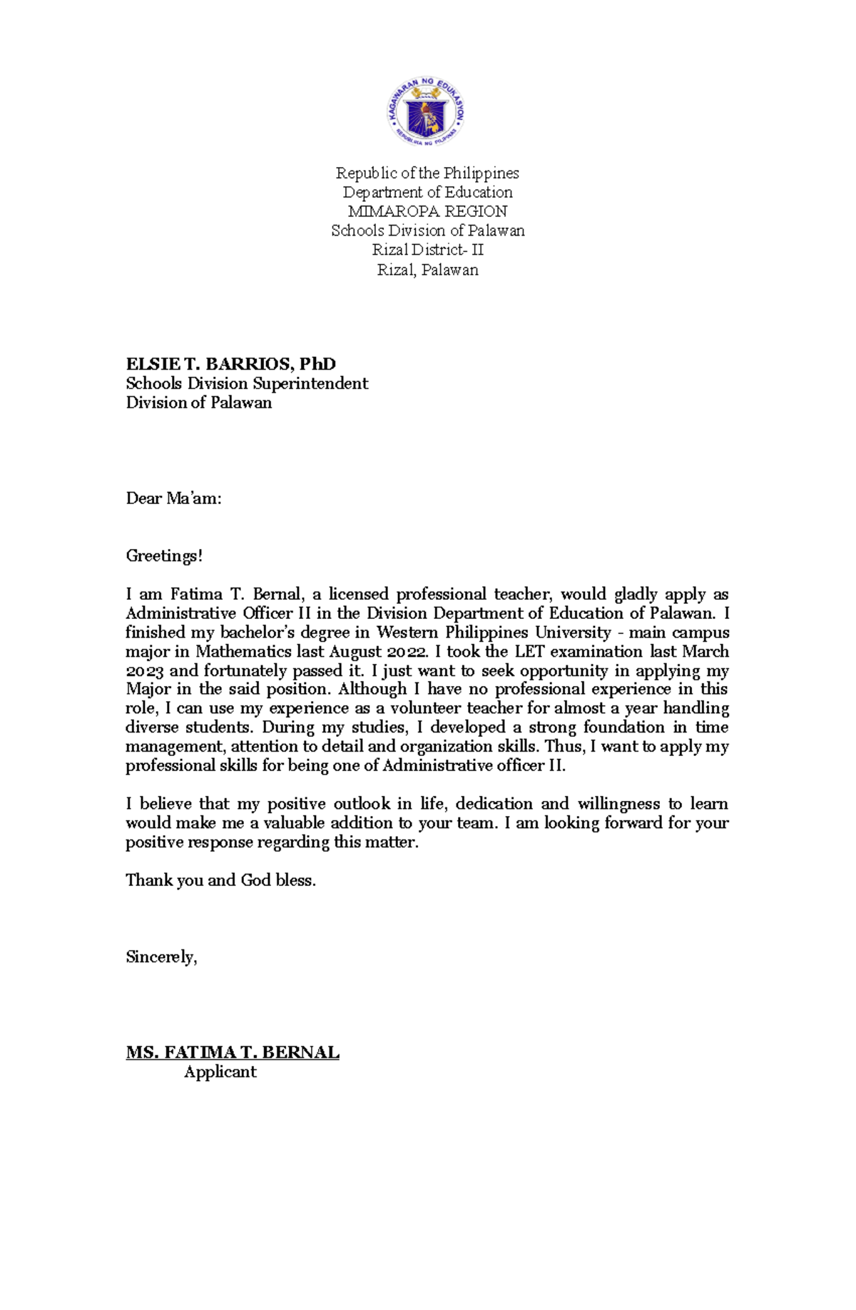 Letter of Intent for Admin Officer II Position Application - Studocu