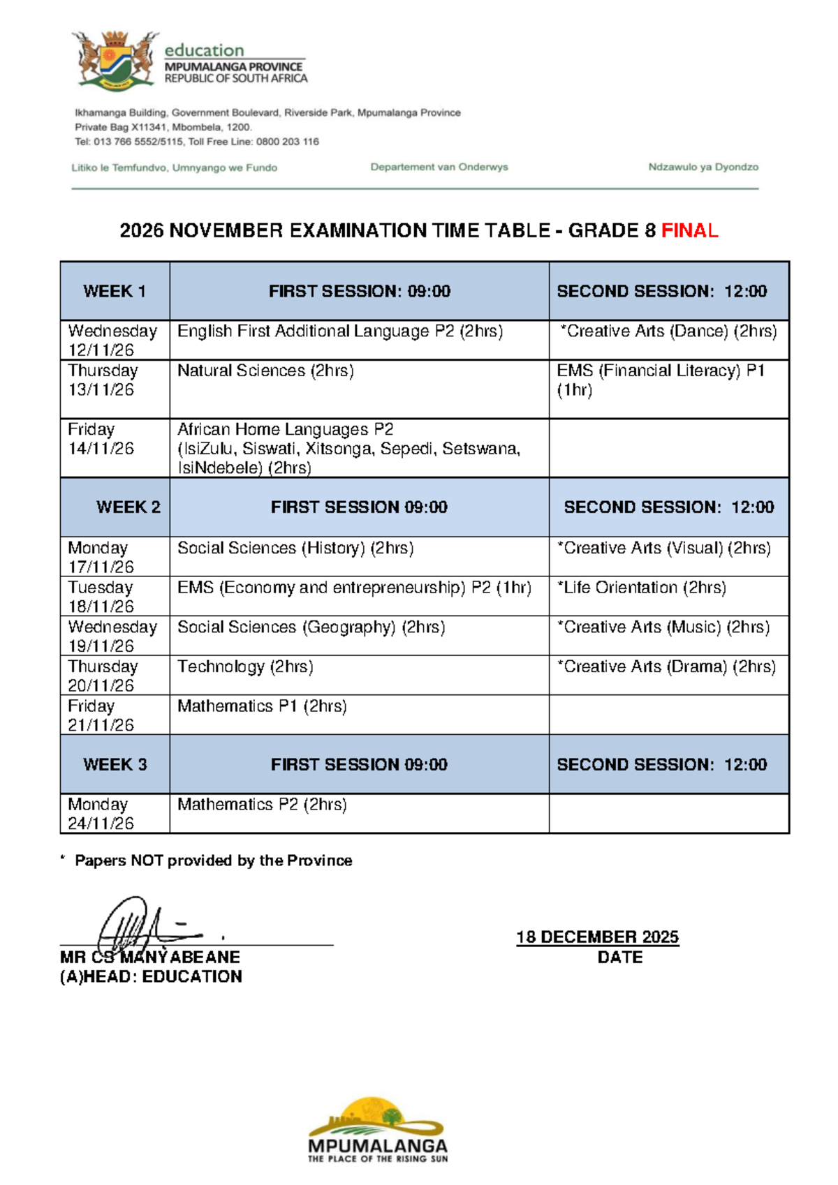 2026 JUNE EXAMINATION TIME TABLES FOR GRADES 8 TO 12 - Studocu