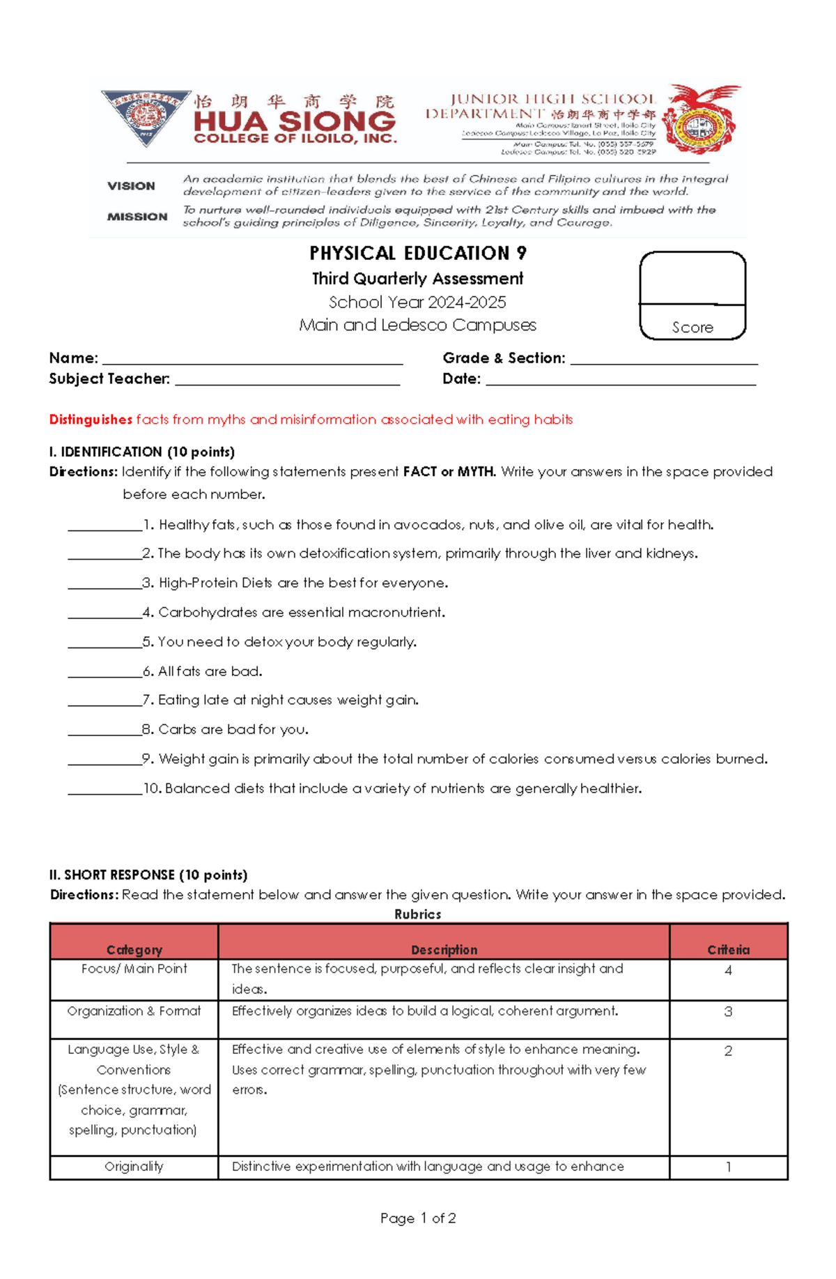 Grade 9 PE - 3rd Quarterly Assessment Learning Plan 2024 - Studocu