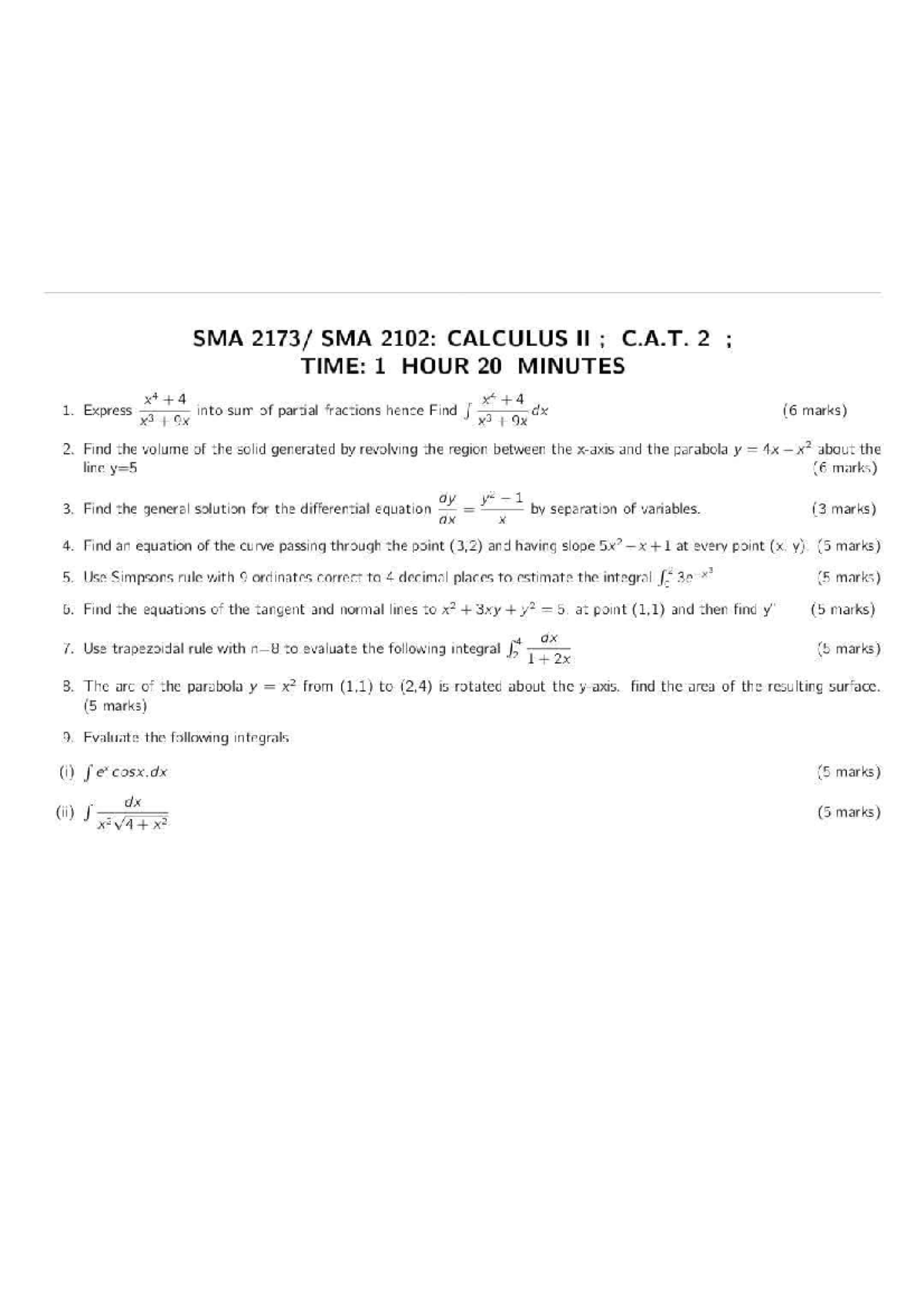 Math assignmnt - CALCULUS 2 CAT - SMA SMA 2102: CALCULUS II C.A. 2 TIME ...