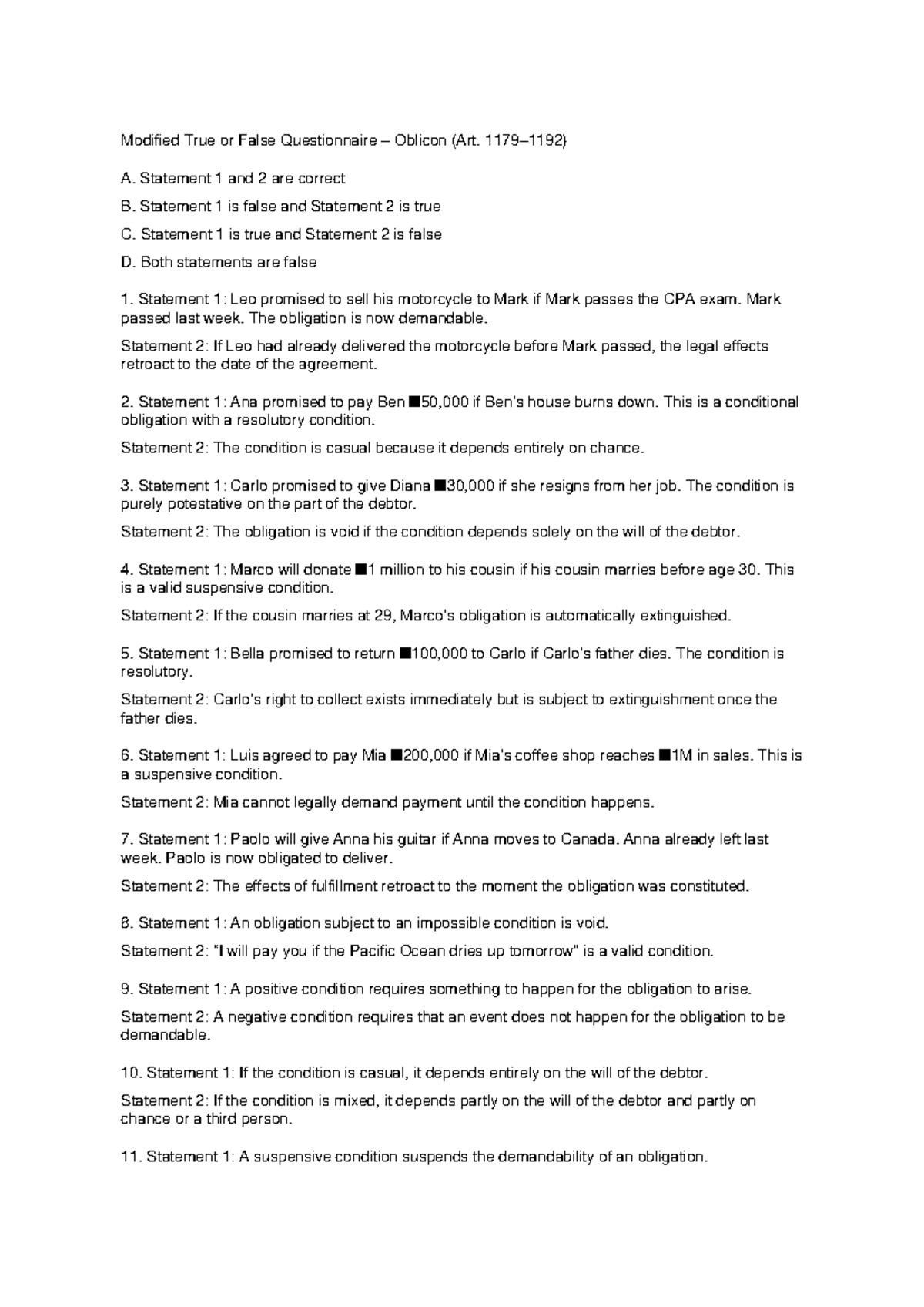 Oblicon Practice Materials: Modified True or False Questionnaire - Studocu