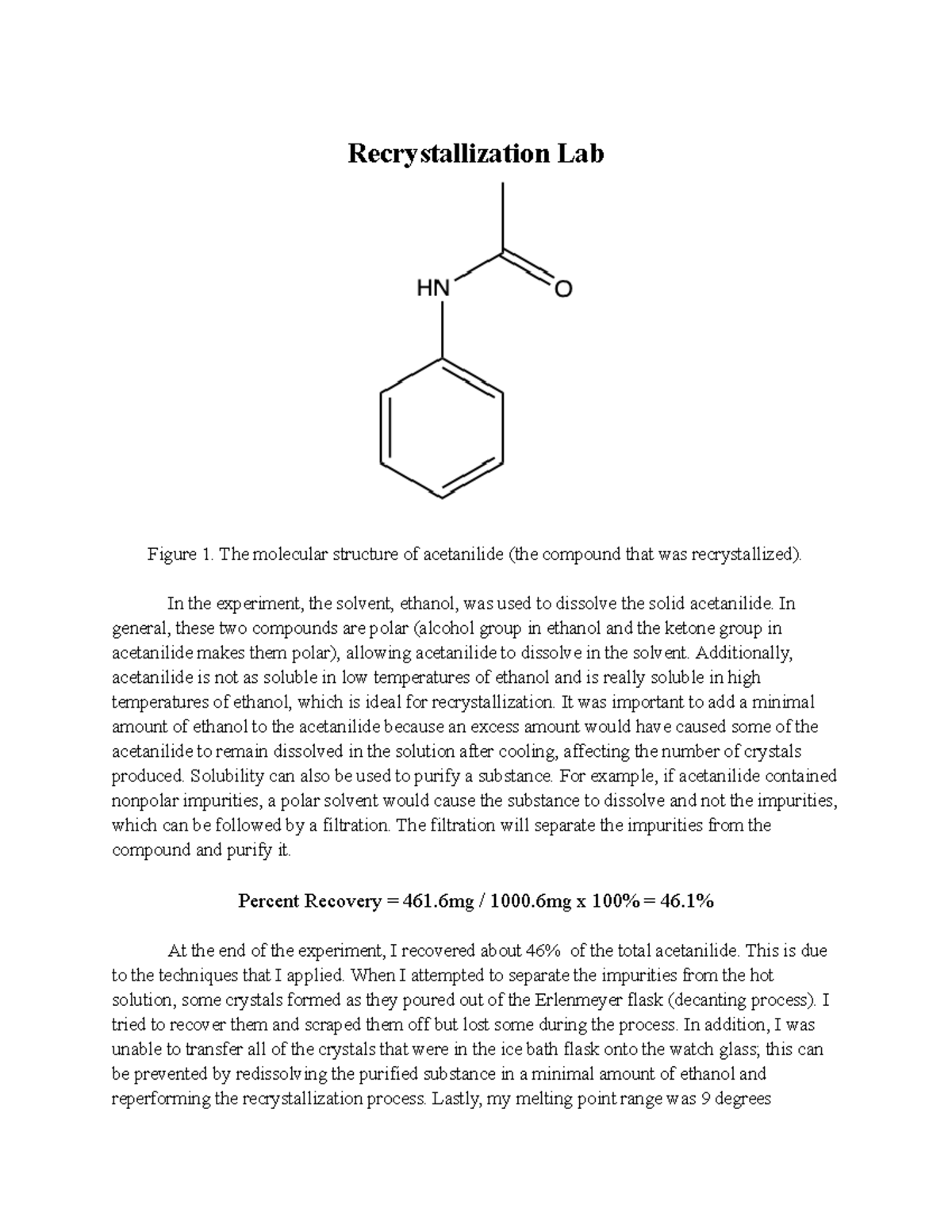 Chemistry 202 - Recrystallization Postlab Analysis and Recovery ...