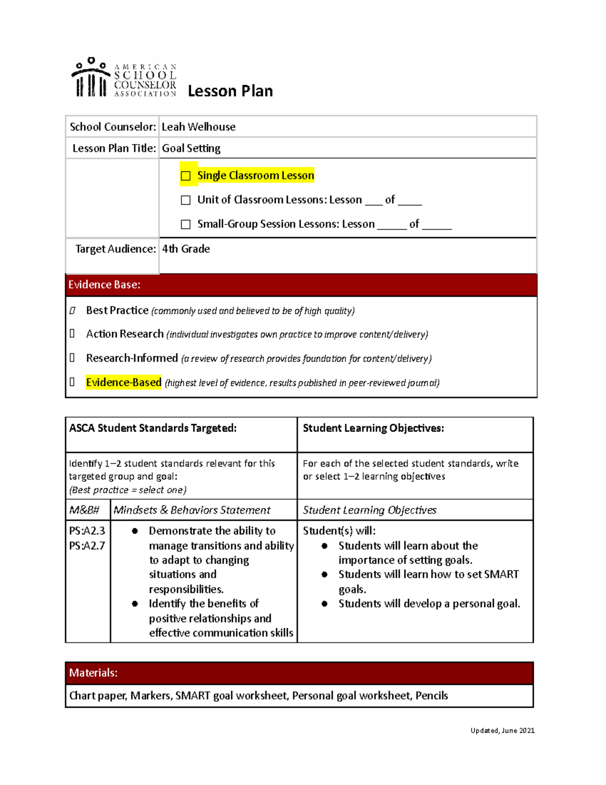 4th Grade Lesson Plan: Goal Setting and SMART Goals - Studocu