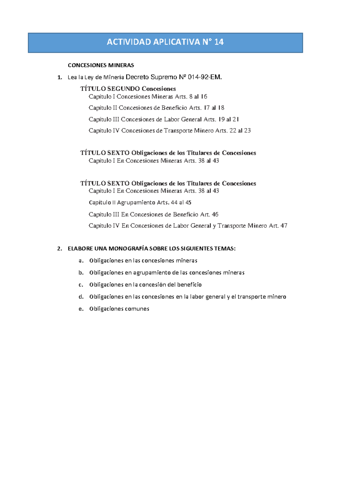 A. Actividad 14 - vhhfg - CONCESIONES MINERAS Lea la Ley de Minería ...