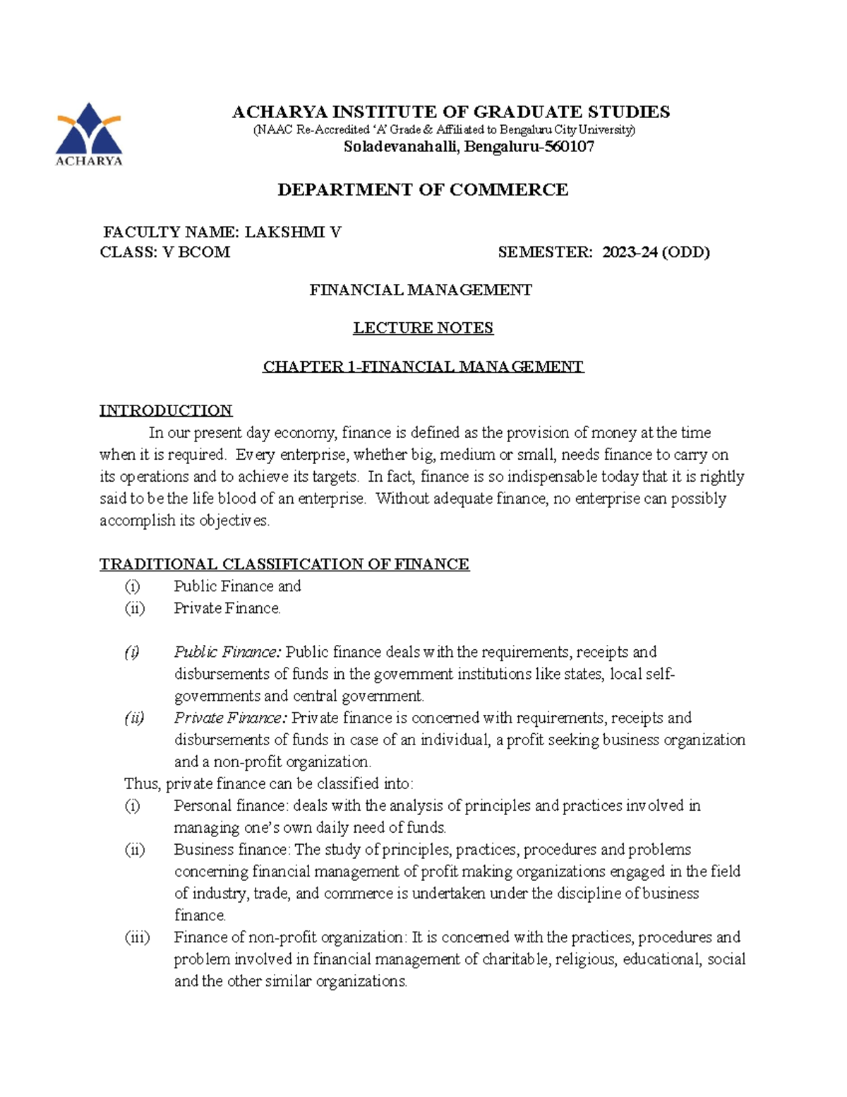 Financial Management Lecture Notes: Chapter 1 - Introduction (VBCom ...