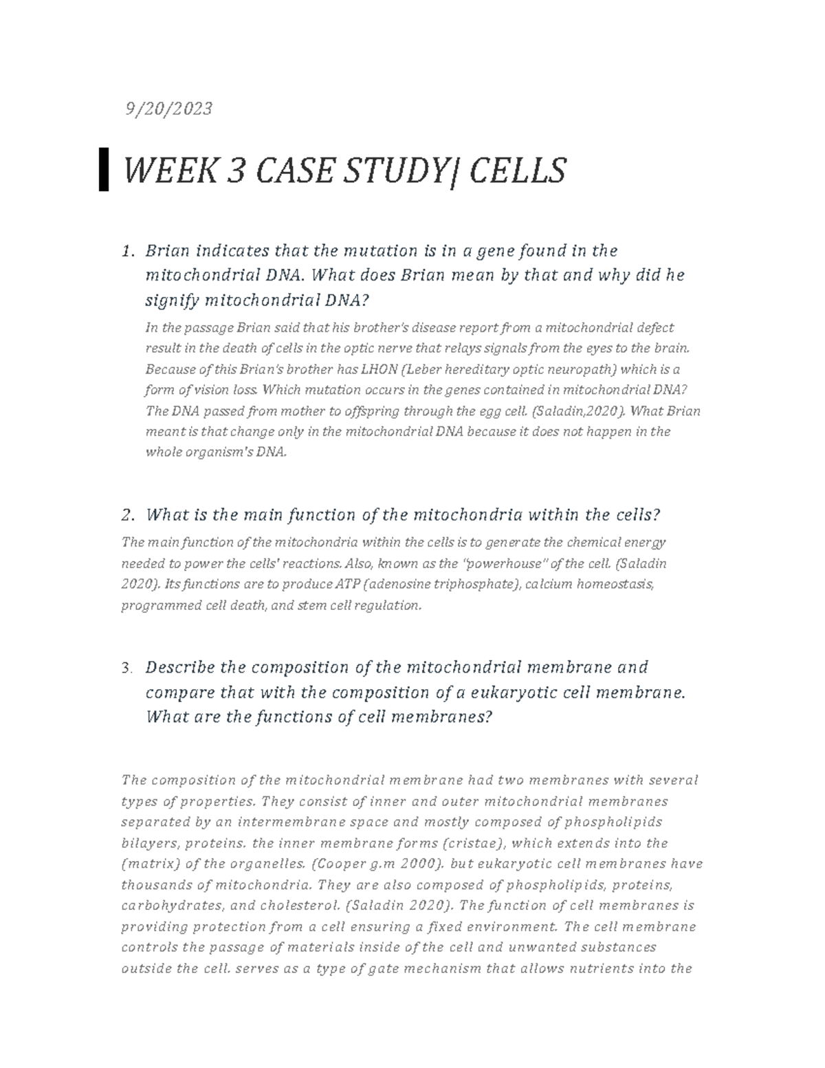 Week 3- Case Study Cells - 9/20/ WEEK 3 CASE STUDY| CELLS 1. Brian ...