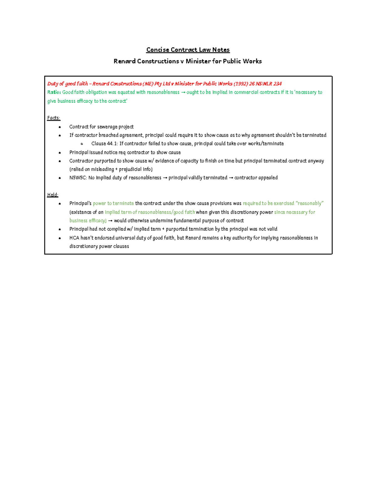 Renard Constructions v Minister for Public Works: Contract Law Notes ...