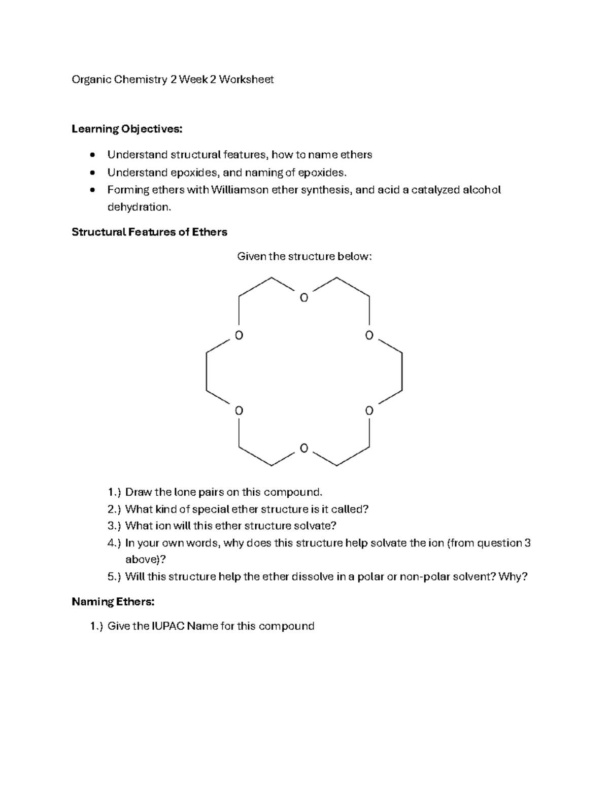 Orgo II Discussion Worksheet - Organic Chemistry 2 Week 2 Worksheet ...
